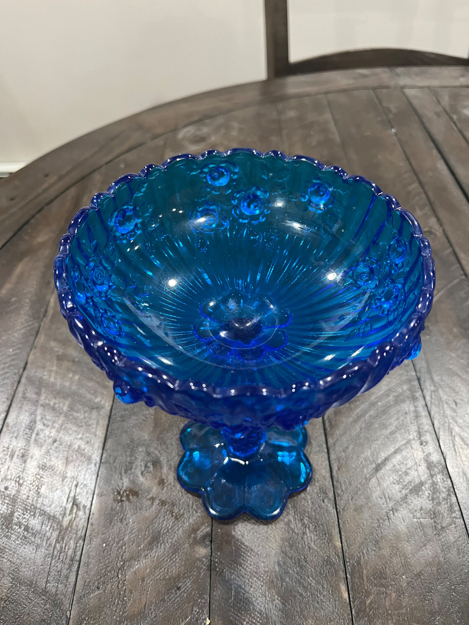 Vintage Fenton Colonial Blue Glass Compote Cabbage Rose Pedestal Candy ...