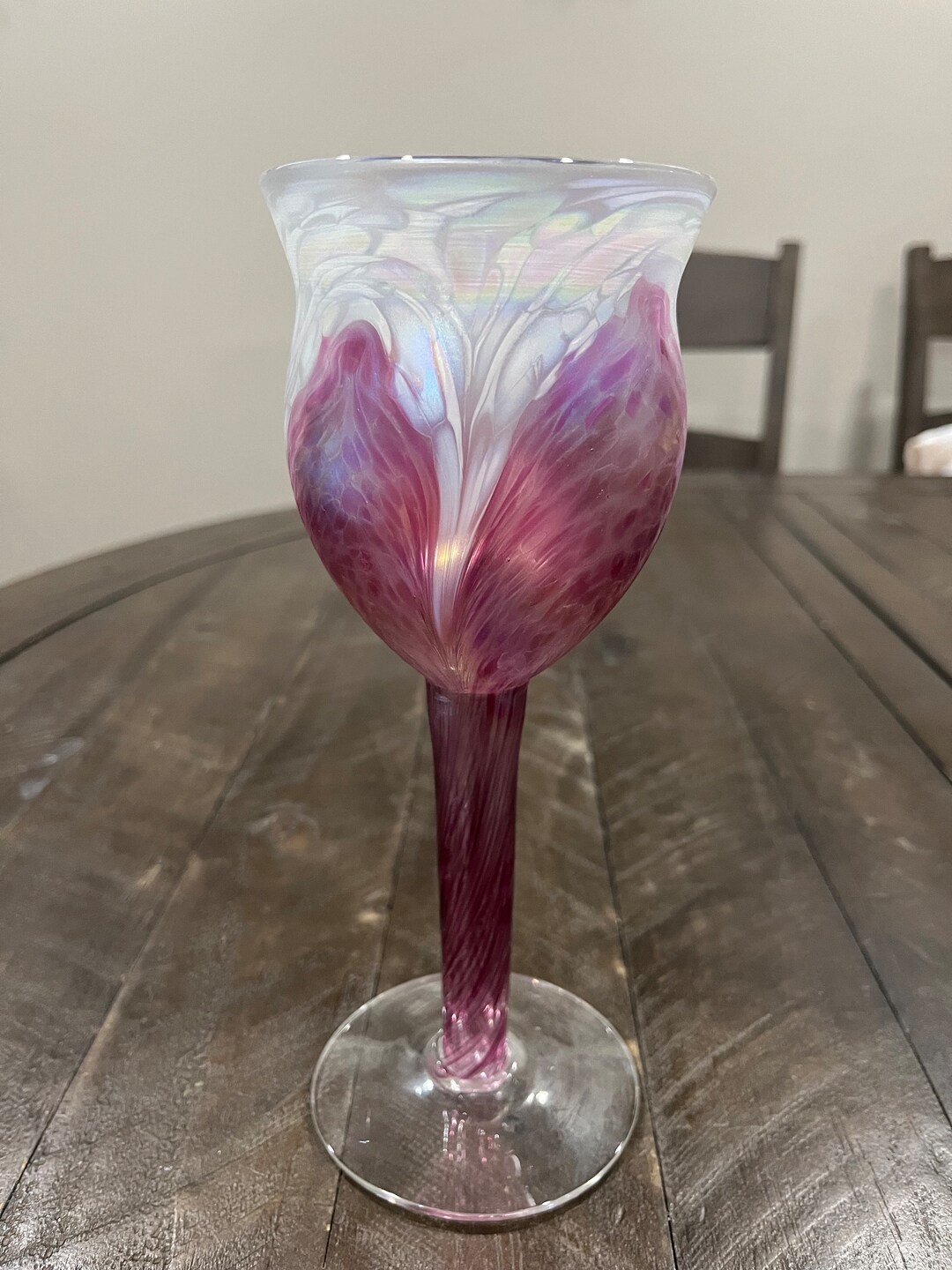 Ron Hinkle Hand Blown Art Glass Pink Iridescence Wine Goblet Glass ...