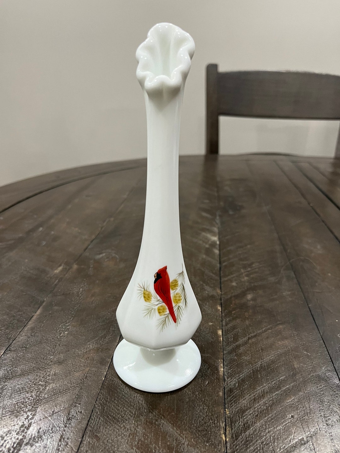 Fenton Swung Milk Glass Bud Vase Cardinal Bird Pine Cones Hand Painted ...