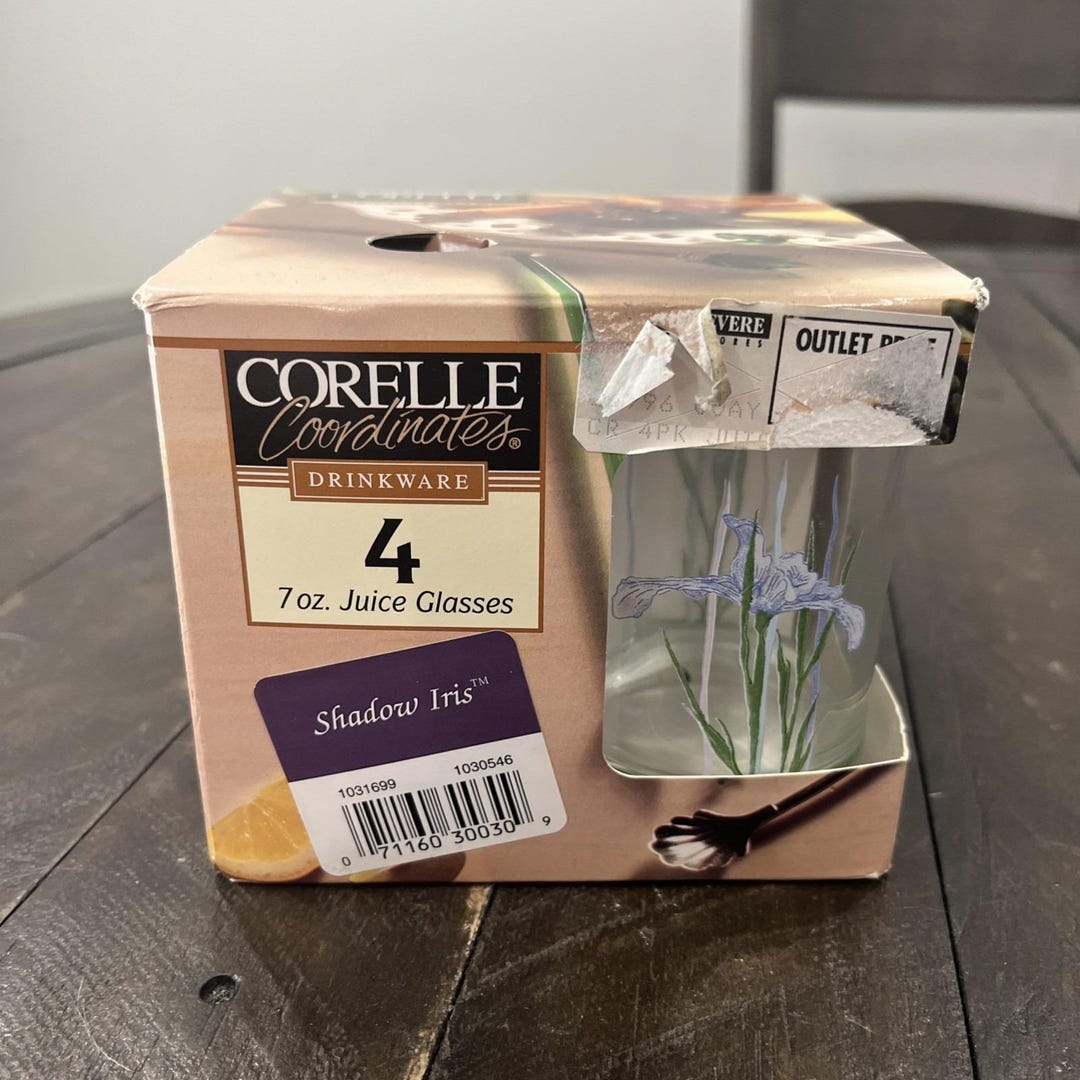 4 Corelle Cordinates Shadow IRIS 7-oz Juice Glasses *purple Floral 4 ...