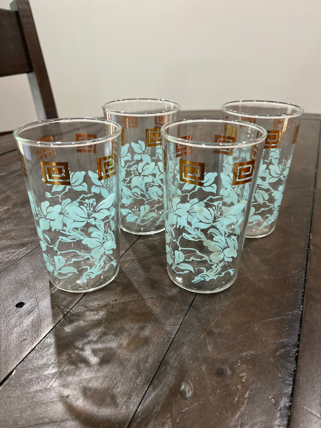 Anchor Hocking Glasses Pale Blue Hibiscus Floral Gold Greek Key Pattern ...