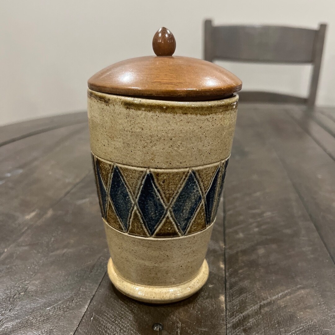 Bruce Stebner Art Pottery Stoneware Vase Container With Wooden Lid Geo ...