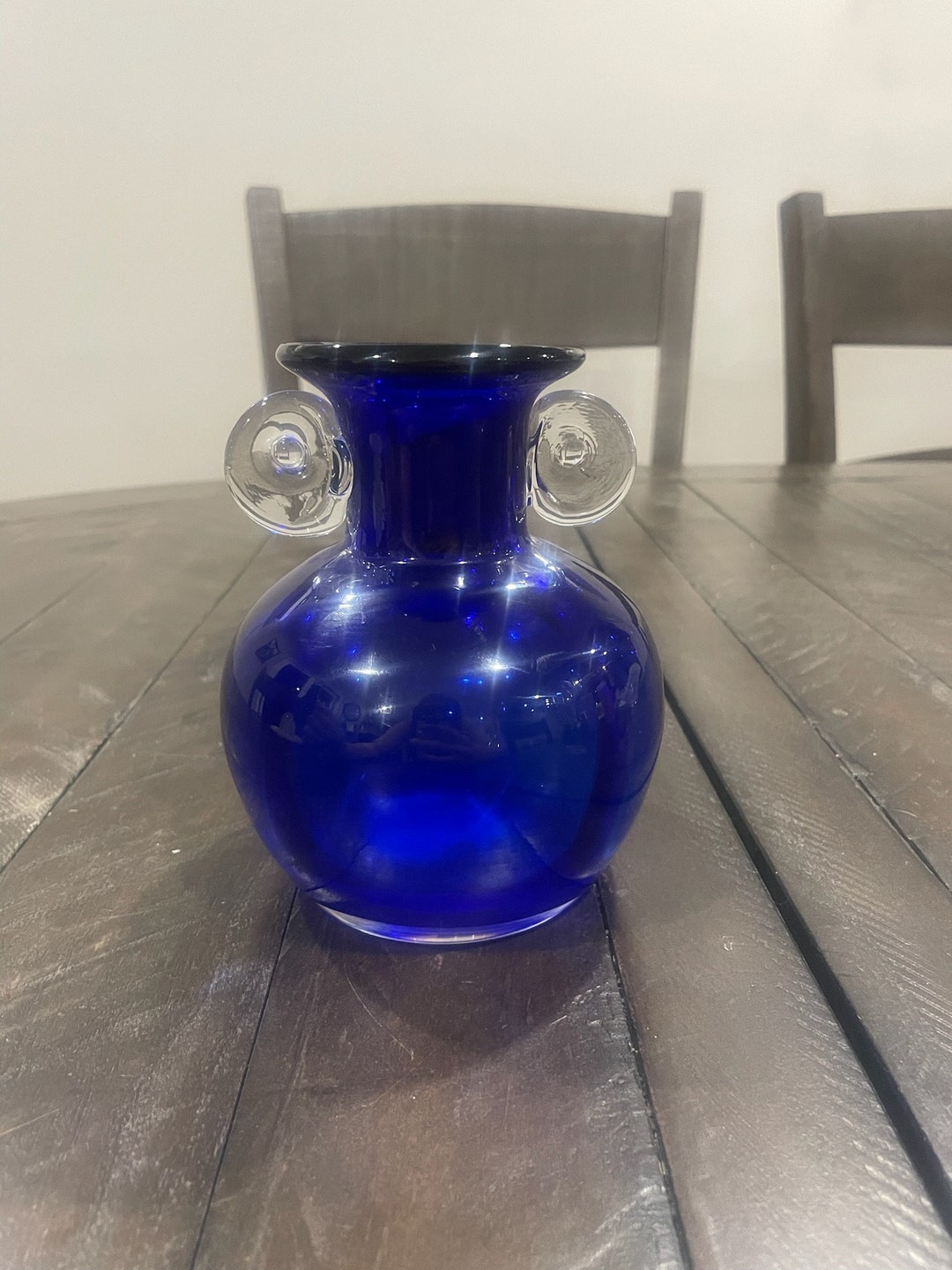 West Virginia Glass Specialty Vase Cobalt Blue Applied Clear Handles ...