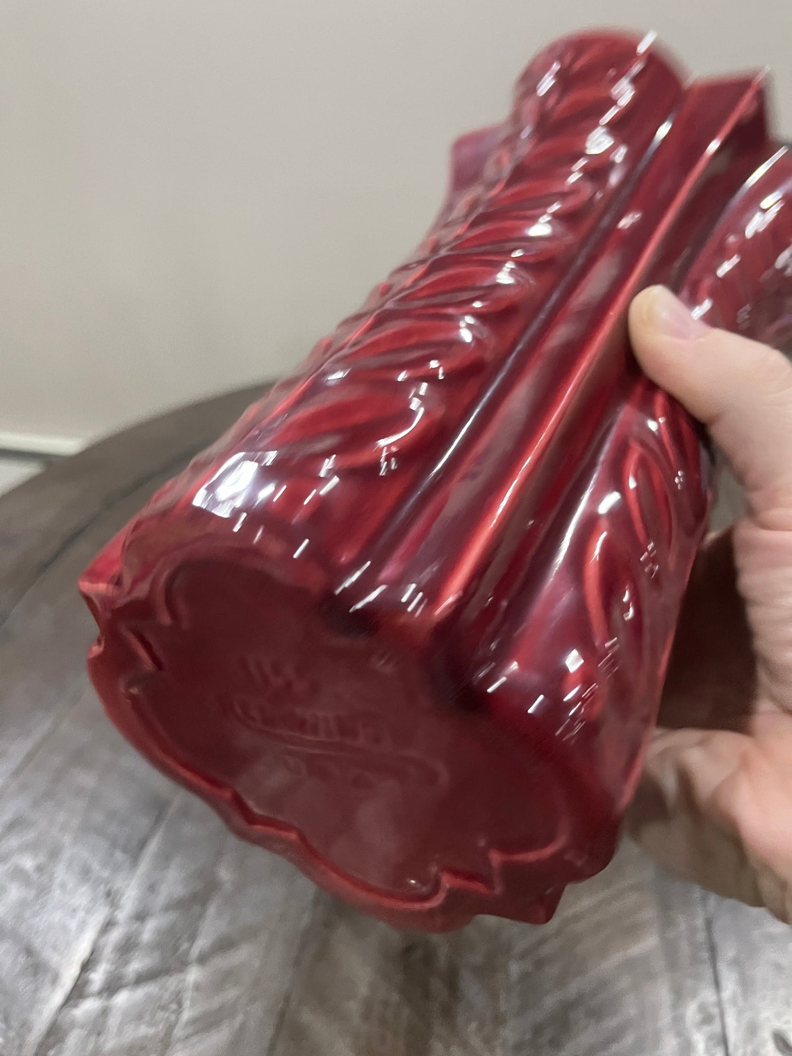 Vtg Red Wing Pottery Vase Leaf Pattern 1155 Art Deco Dark Red USA Chip ...