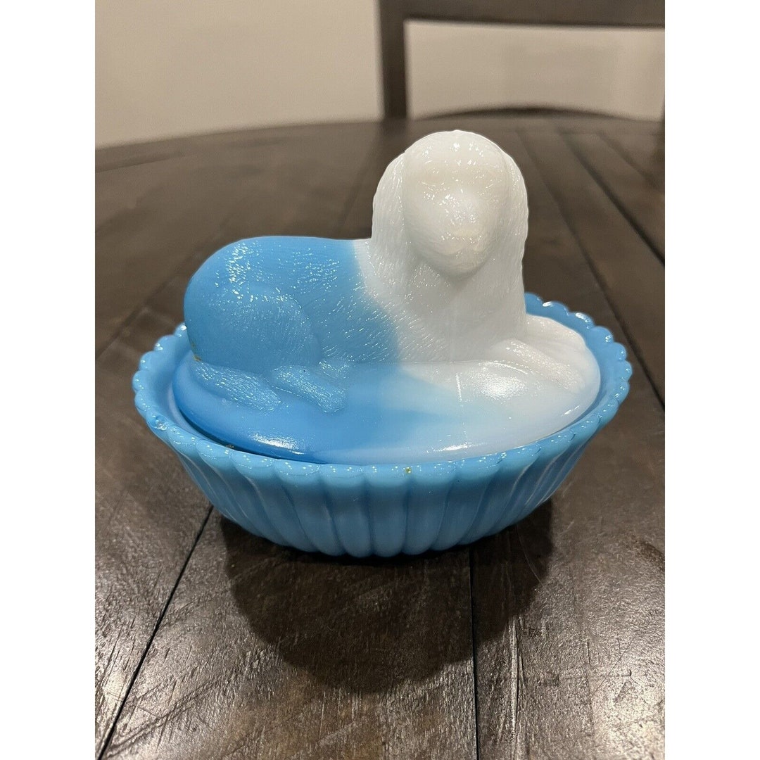 Westmoreland Blue Glass Slag Puppy Dog on Nest Basket Bed - Etsy