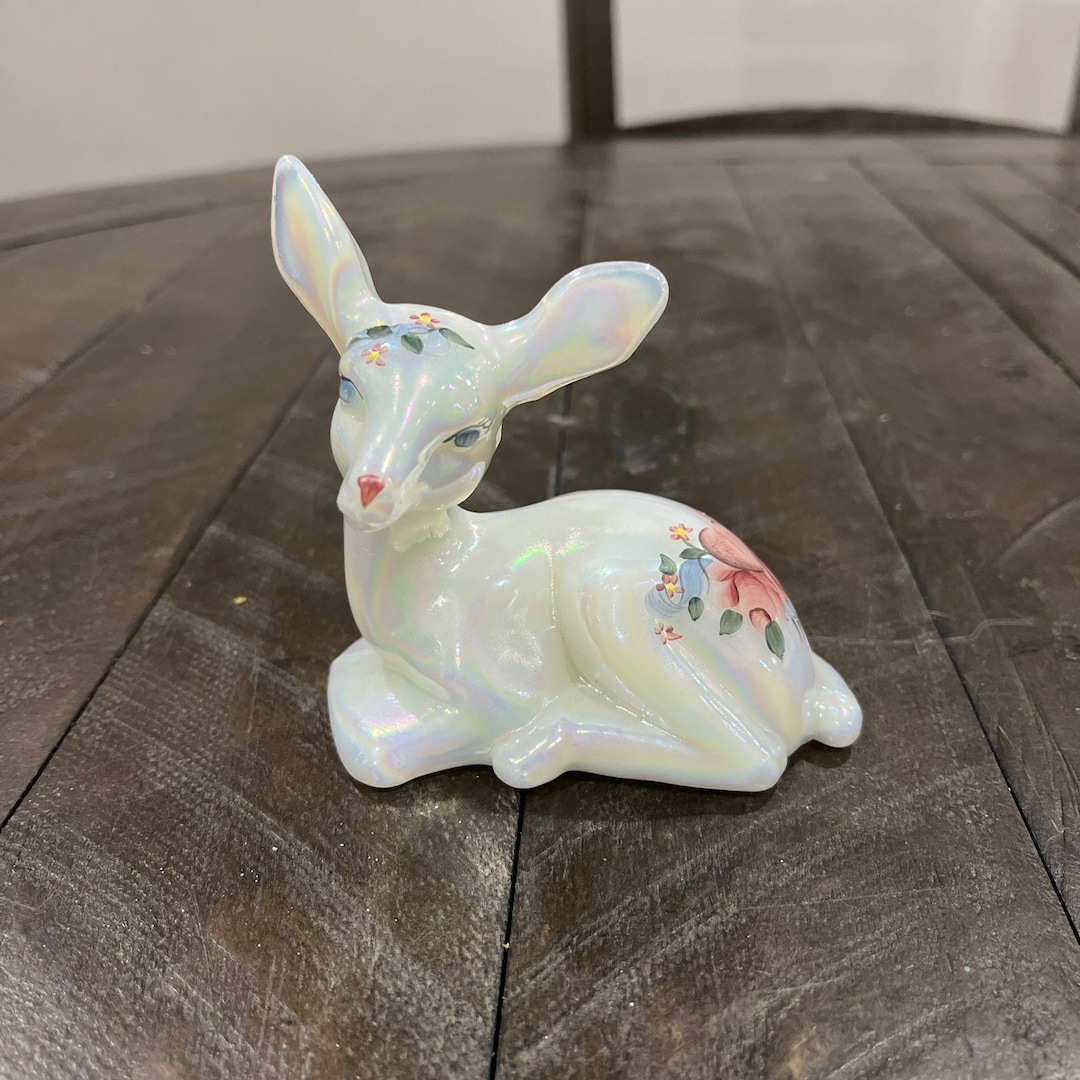 Fenton Hand Painted Deer Fawn Flower Iridescent White Satin - Etsy