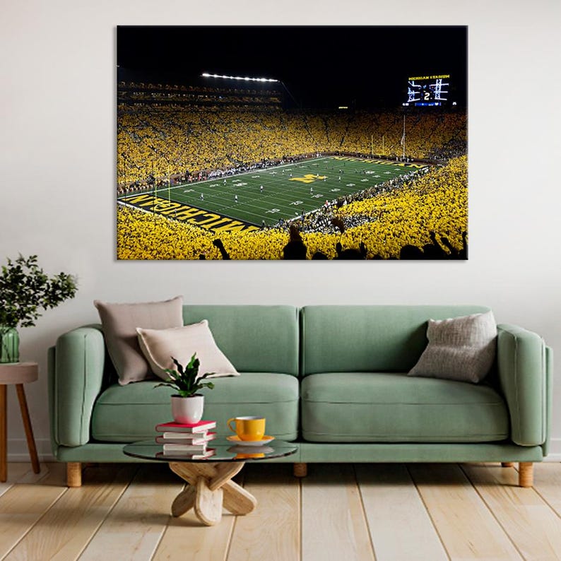 Arte do Big House Michigan Football, Foto da torcida no estádio à noite, Impressão do jogo em ...