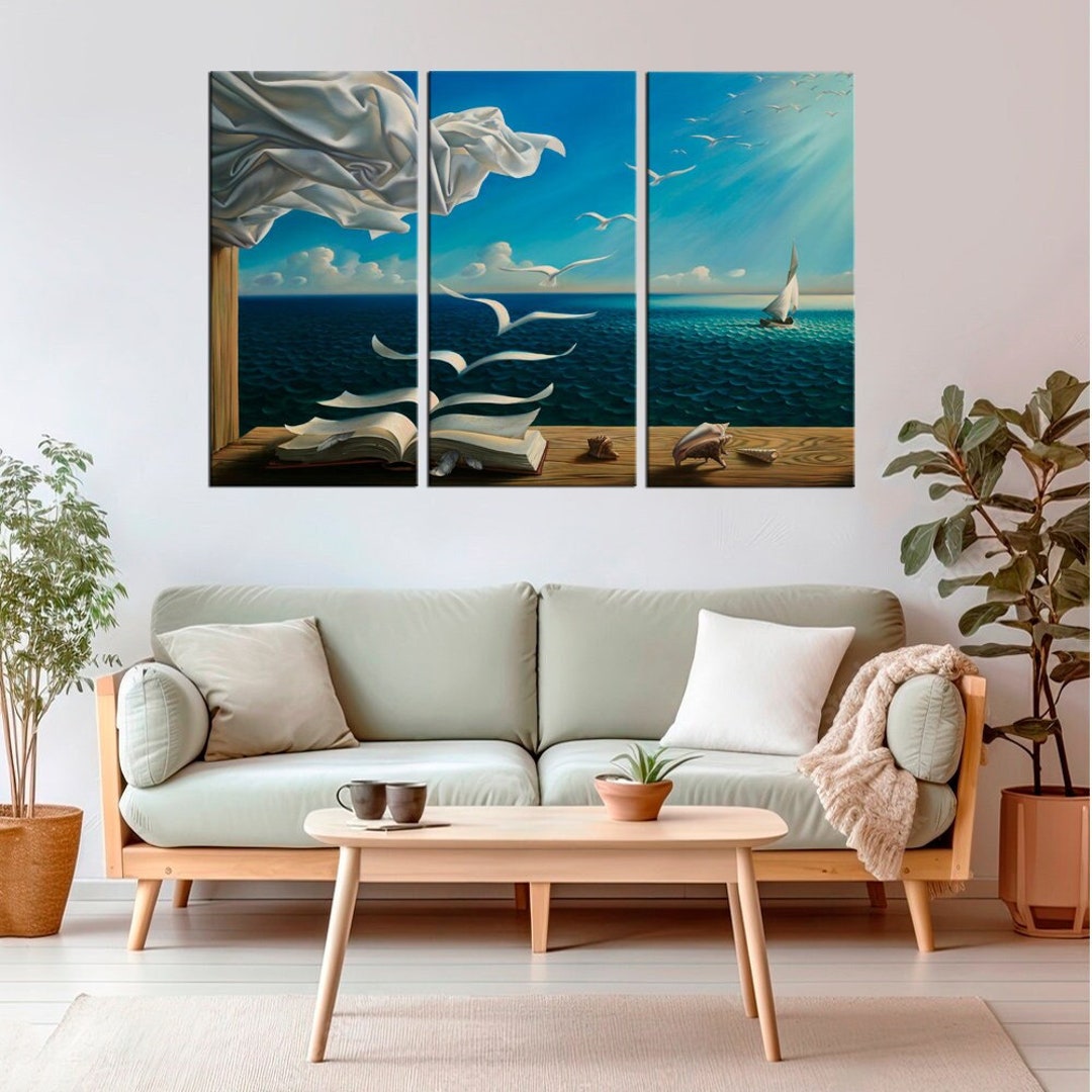 Salvador Dali Reproduction Canvas Wall Art Wave Book Framed Painting Canvas Art for Bedroom ...