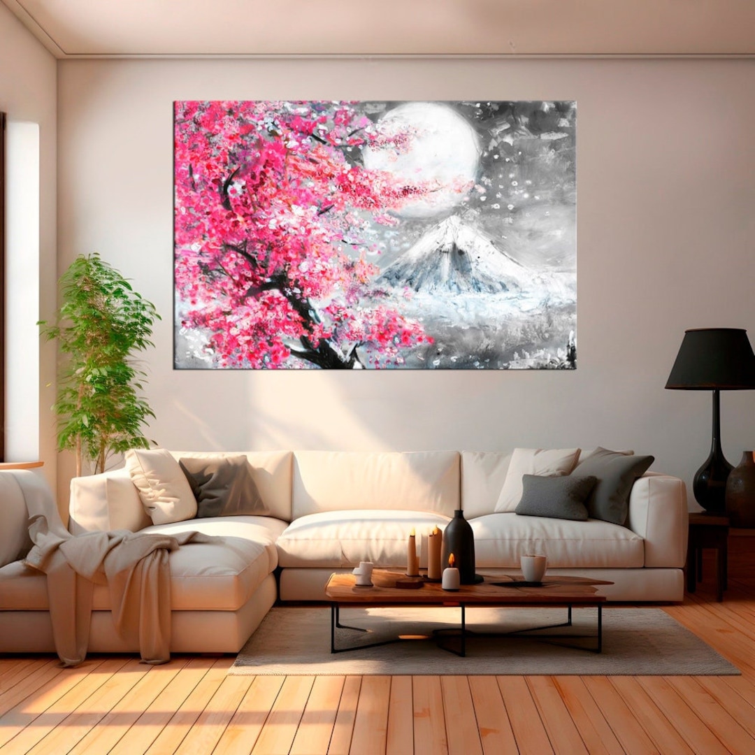 Mount Fuji Wall Art Sakura Abstract Painting for Bedroom Mountain ...