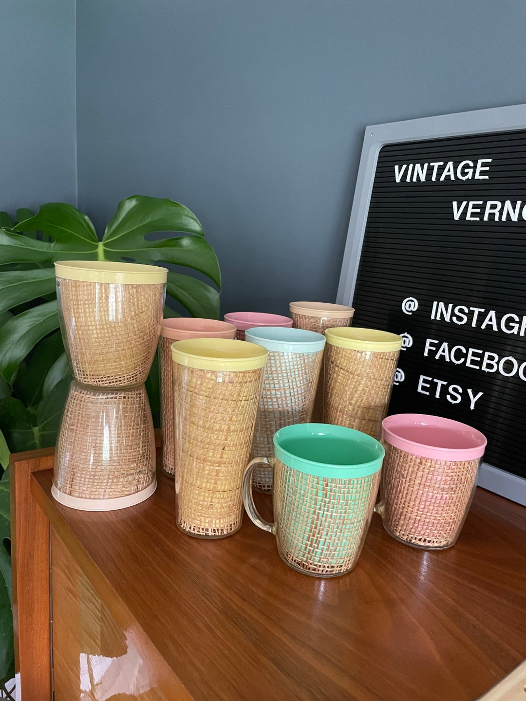 Vintage 10 Piece Raffia Raffiaware Melamine Plastic Cup Tumbler Set of ...