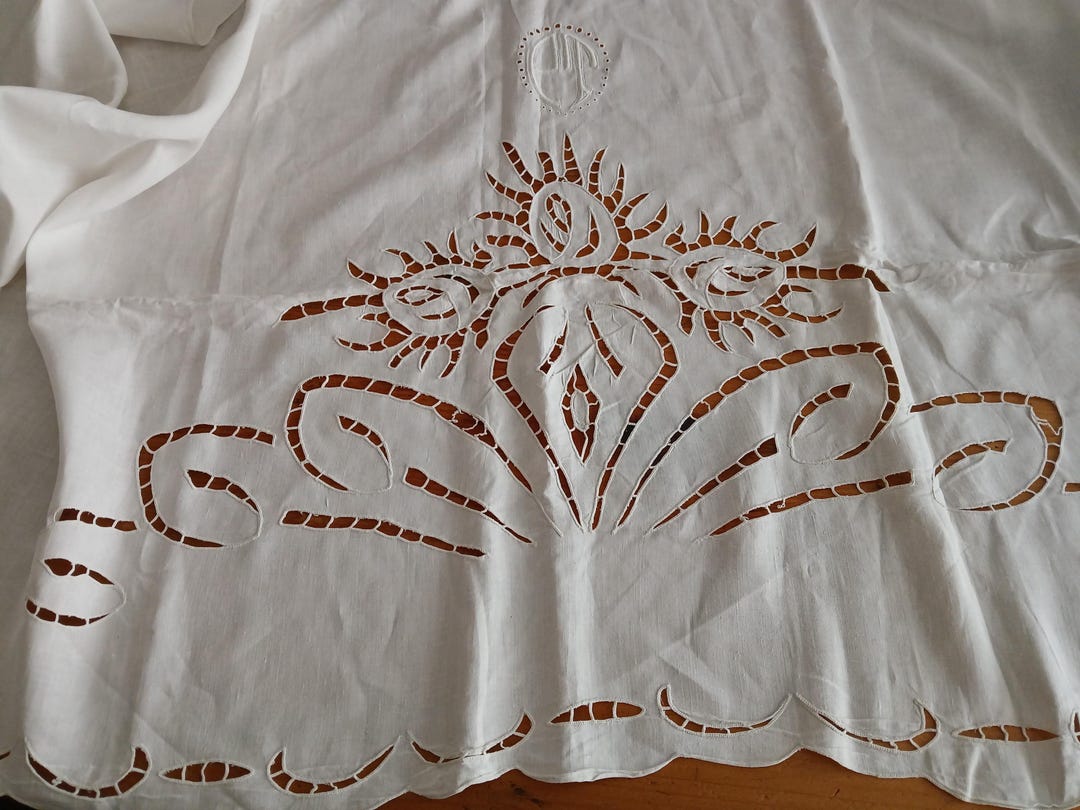 Magnificent Art Deco Pure Linen Embroidered and Monogram Panel, off Cut ...