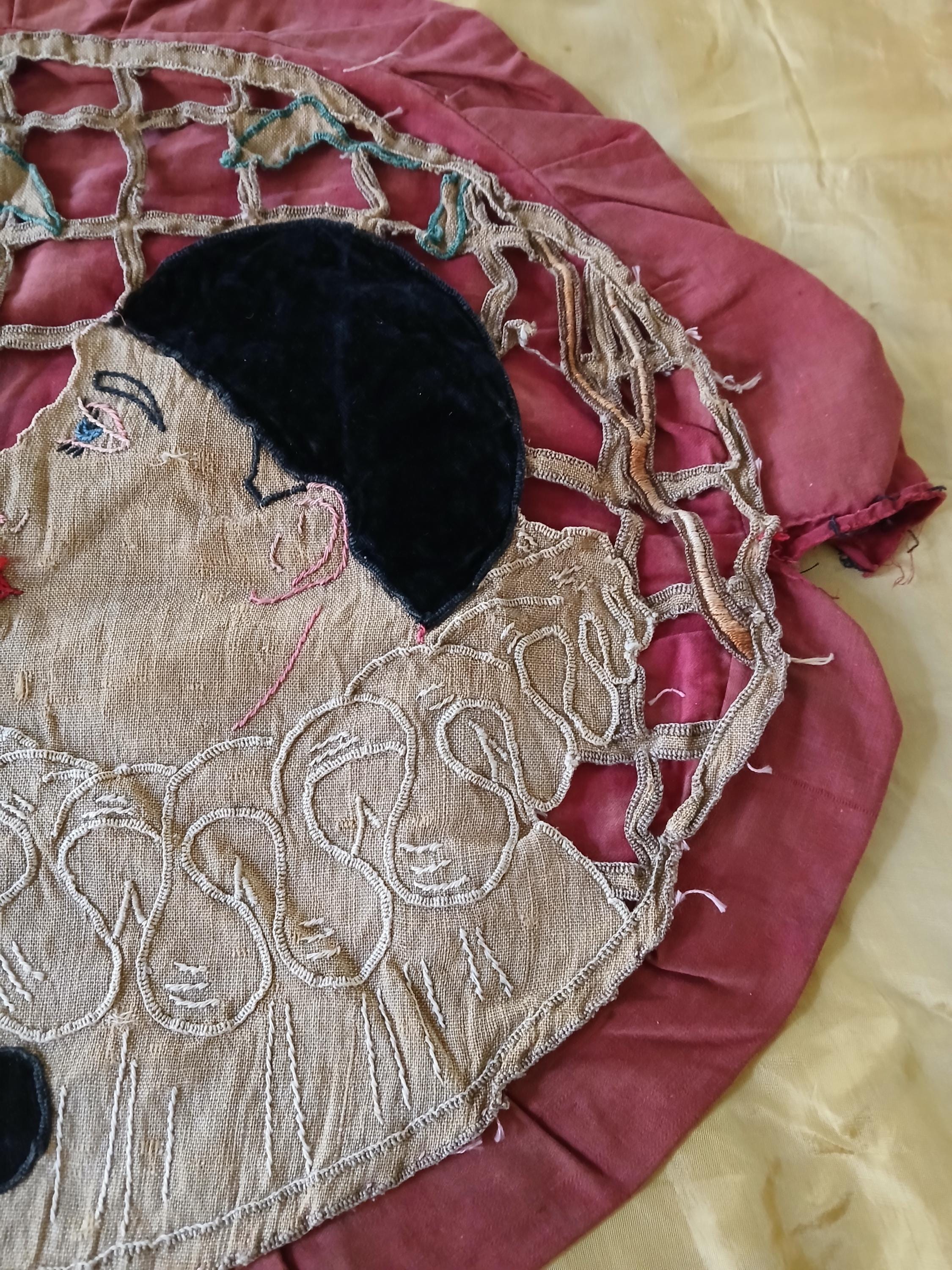 A Salvaged Antique French Hand Embroidered Pierrot and Pierrette ...
