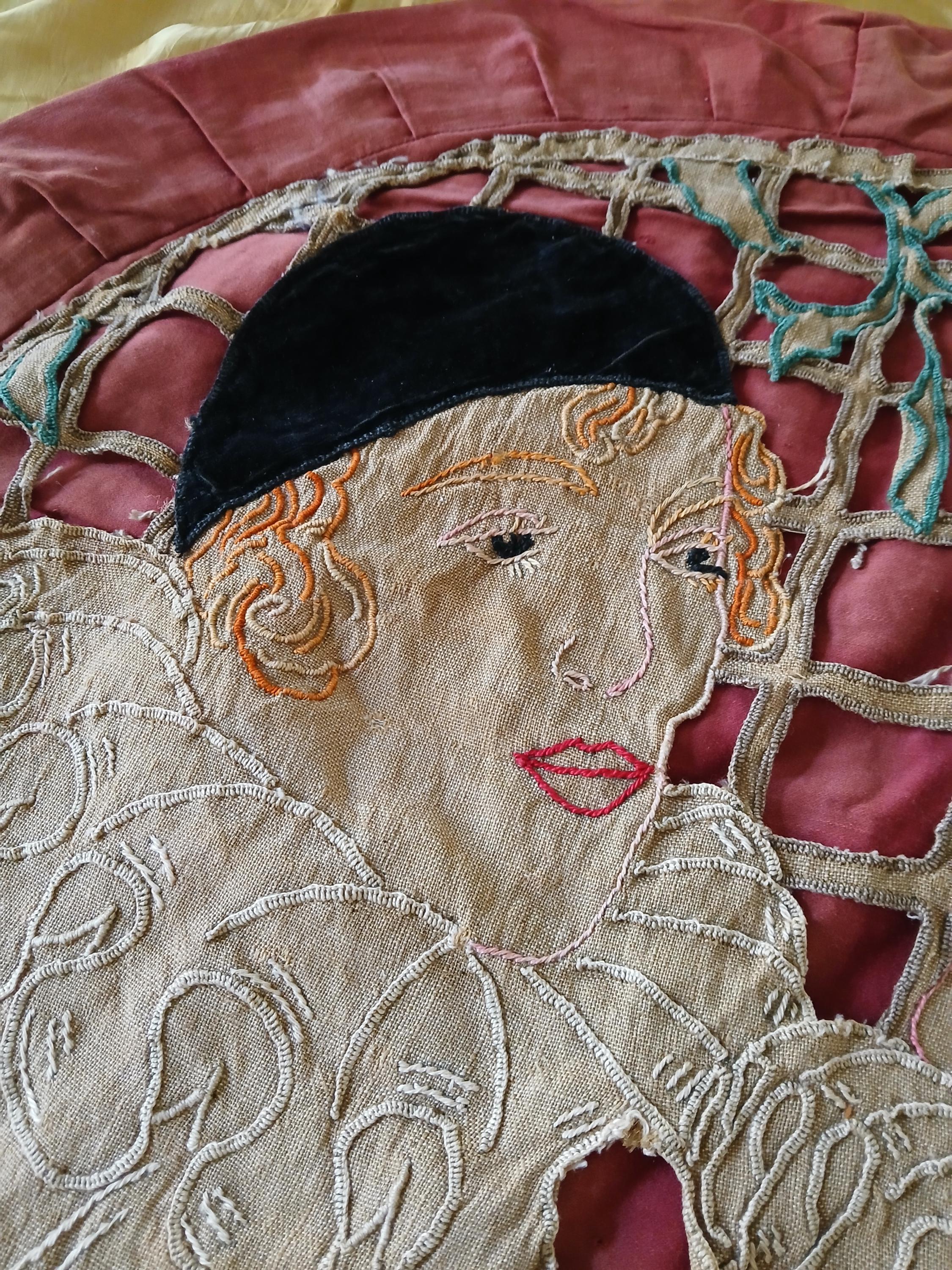 A Salvaged Antique French Hand Embroidered Pierrot and Pierrette ...