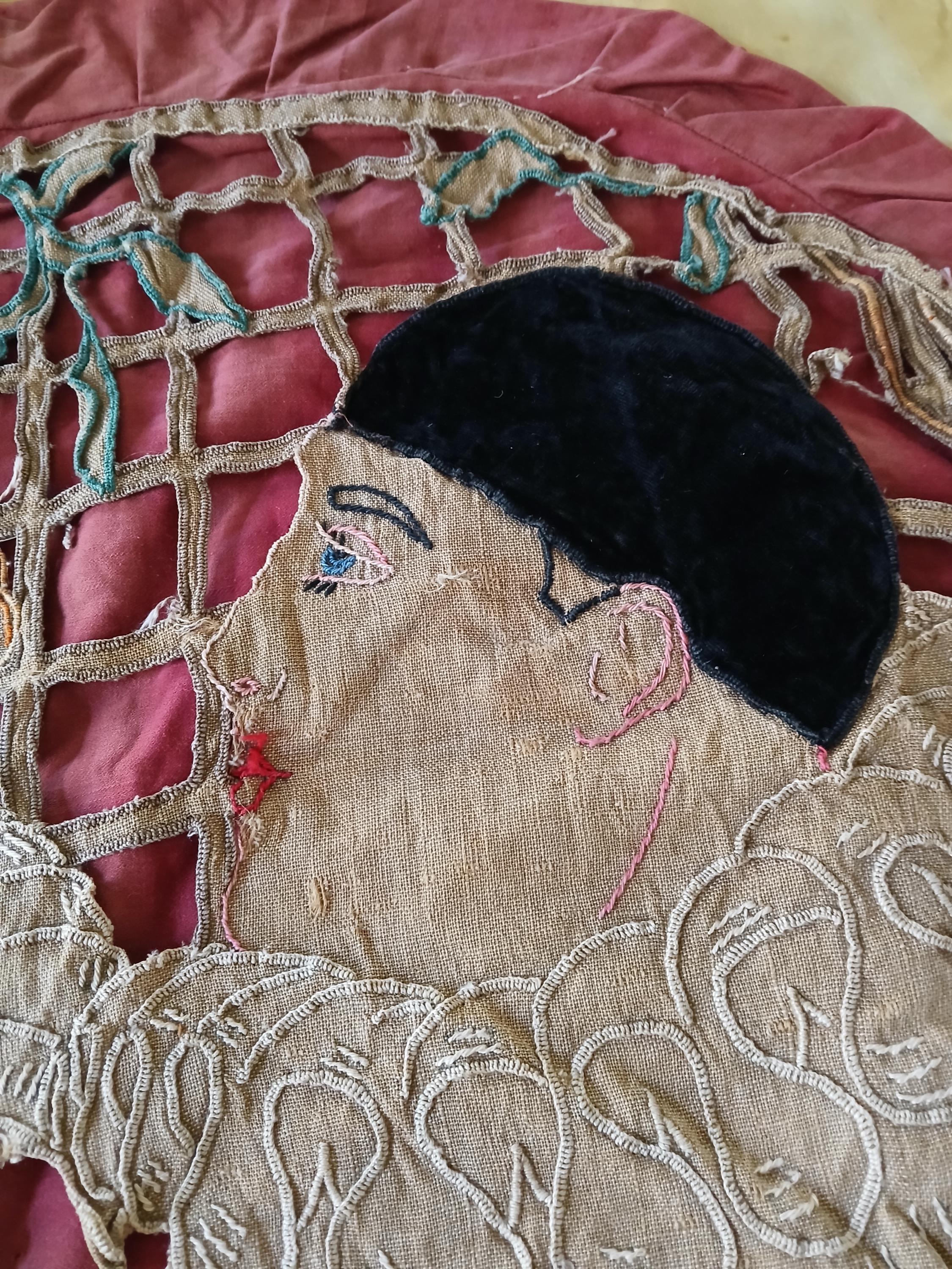 A Salvaged Antique French Hand Embroidered Pierrot and Pierrette ...
