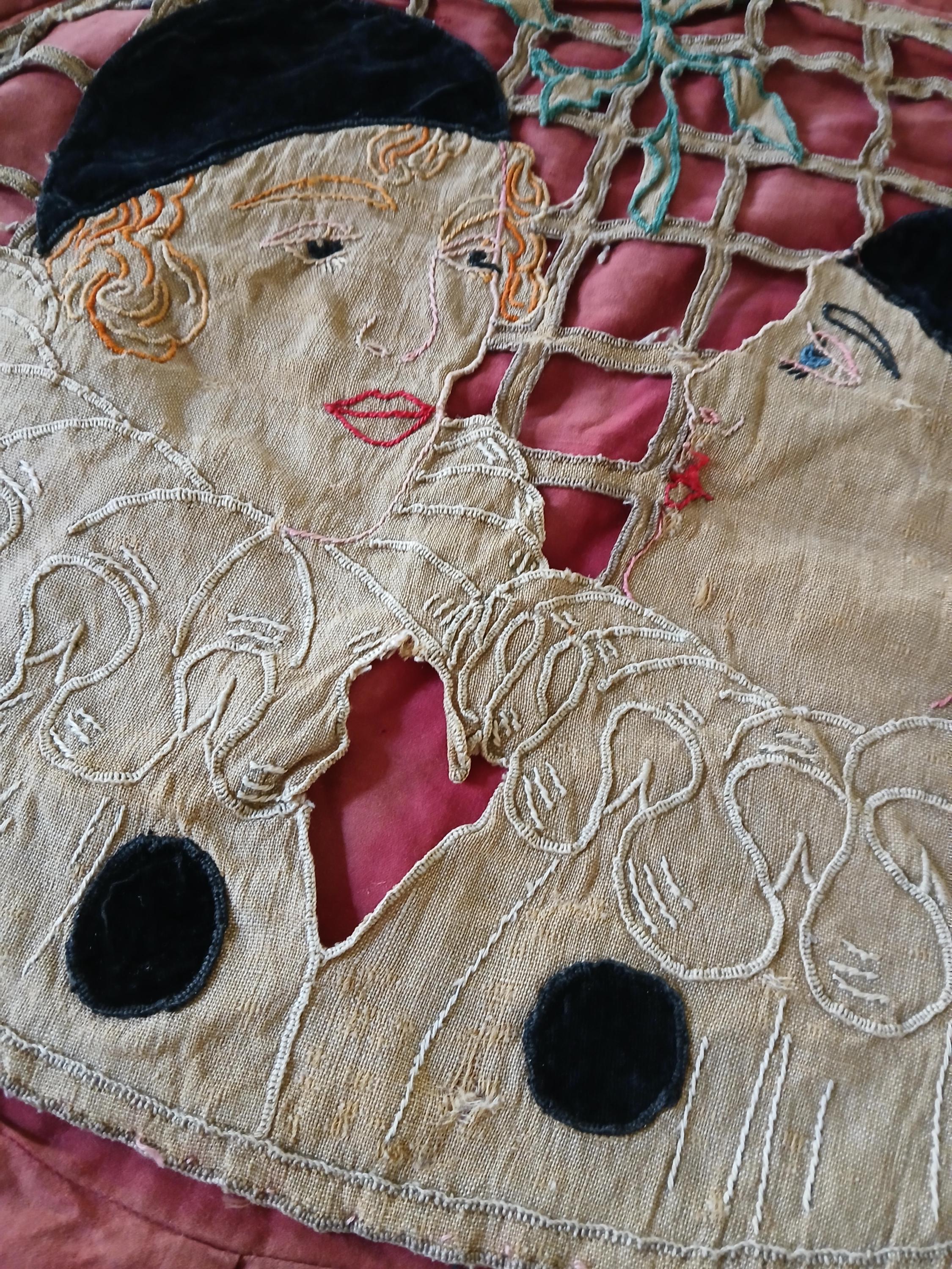A Salvaged Antique French Hand Embroidered Pierrot and Pierrette ...
