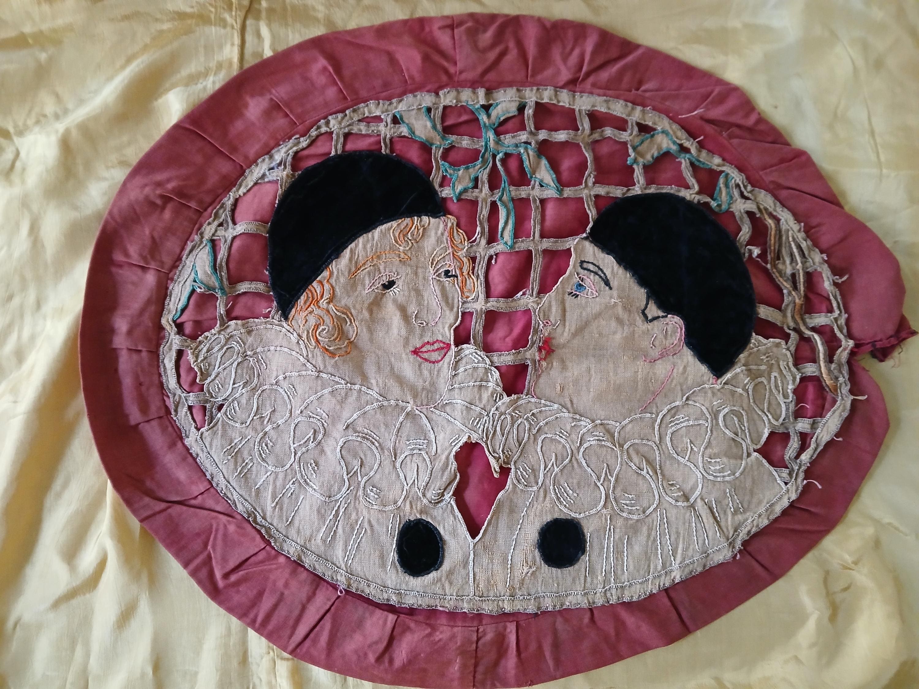 A Salvaged Antique French Hand Embroidered Pierrot and Pierrette ...