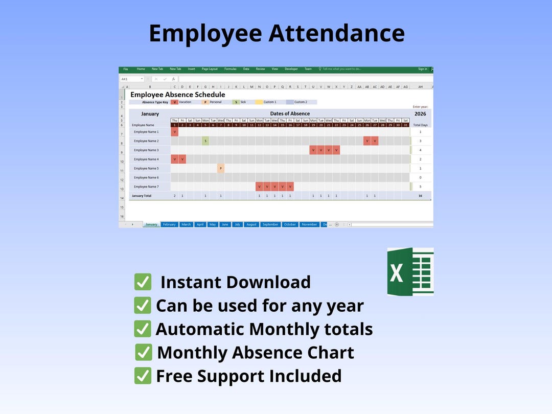 2026 Employee Attendance _ Absence Tracker Excel | Vacation, Sick Leave ...