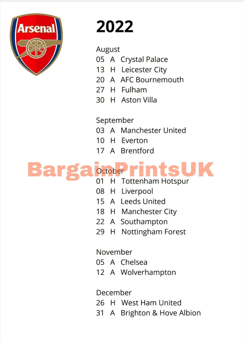 Arsenal Premier League Fixtures 2022 2023 Uk Football Etsy