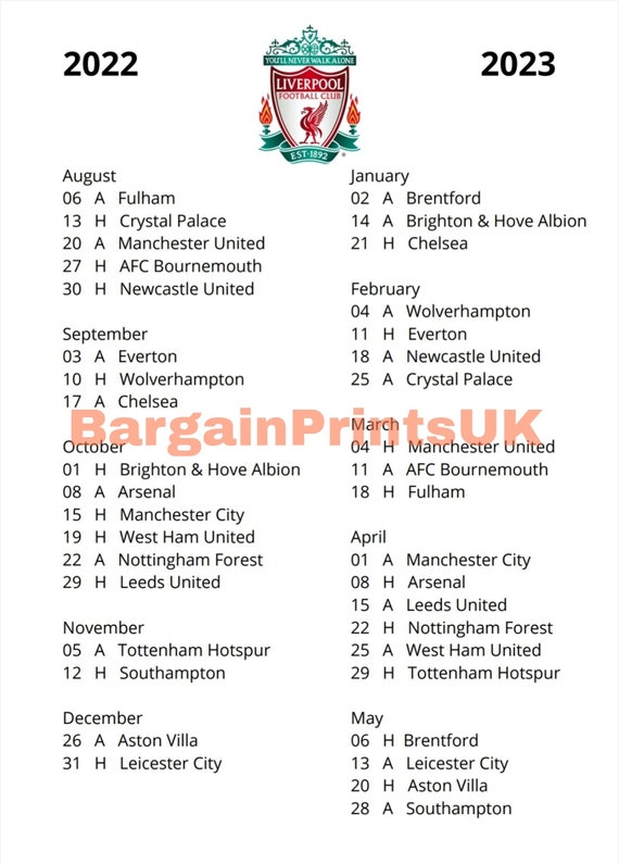 Liverpool Premier League Fixtures 2022 2023 Uk Football Etsy