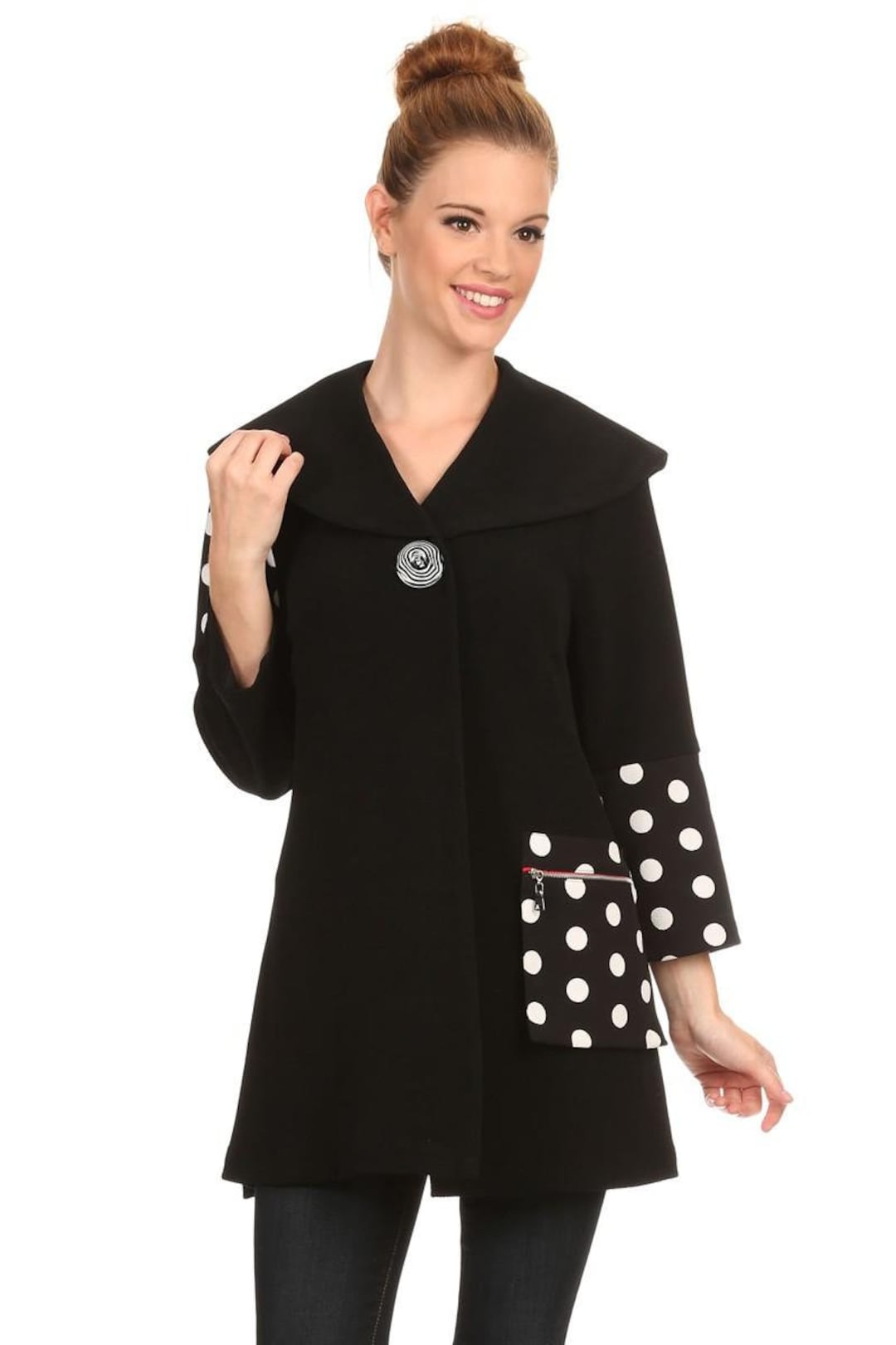 1-button Big Collar Polka Dot Plus Size Jacket W/zipper Pocket Style ...