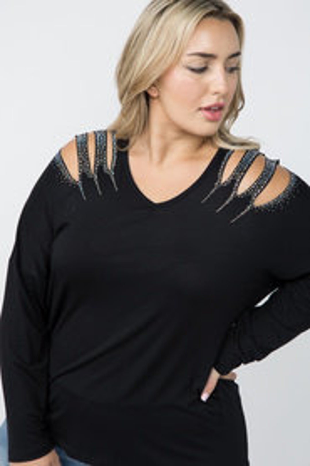 Plus Size Laser Cut Shoulder Top With Stones - Etsy