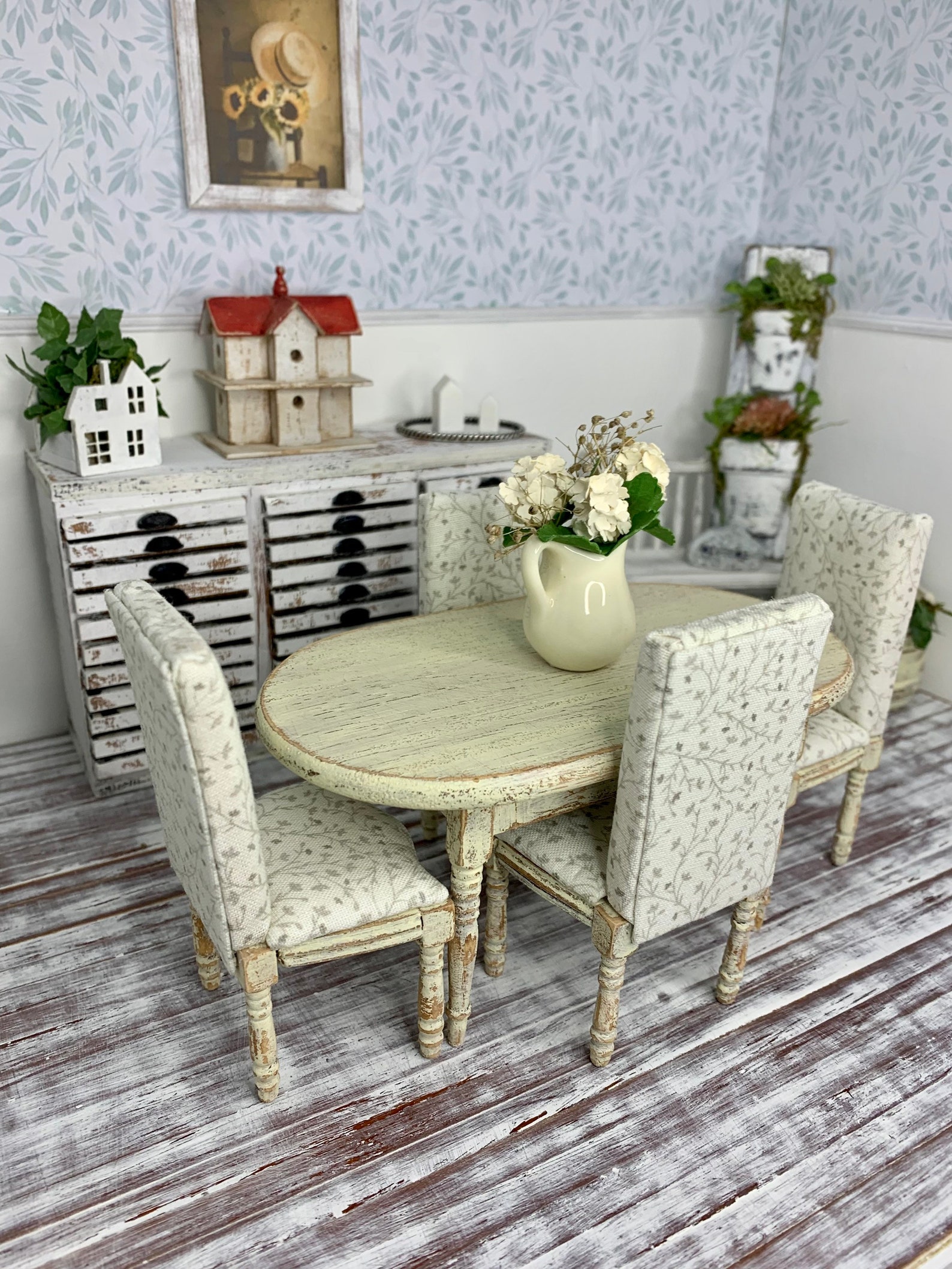 Miniature Dollhouse Dining Room Table Set Aged Ivory and Gray - Etsy