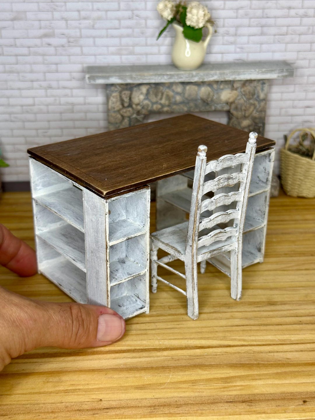 Miniature Farmhouse Craft Desk With Shelves, Miniature Shelving ...