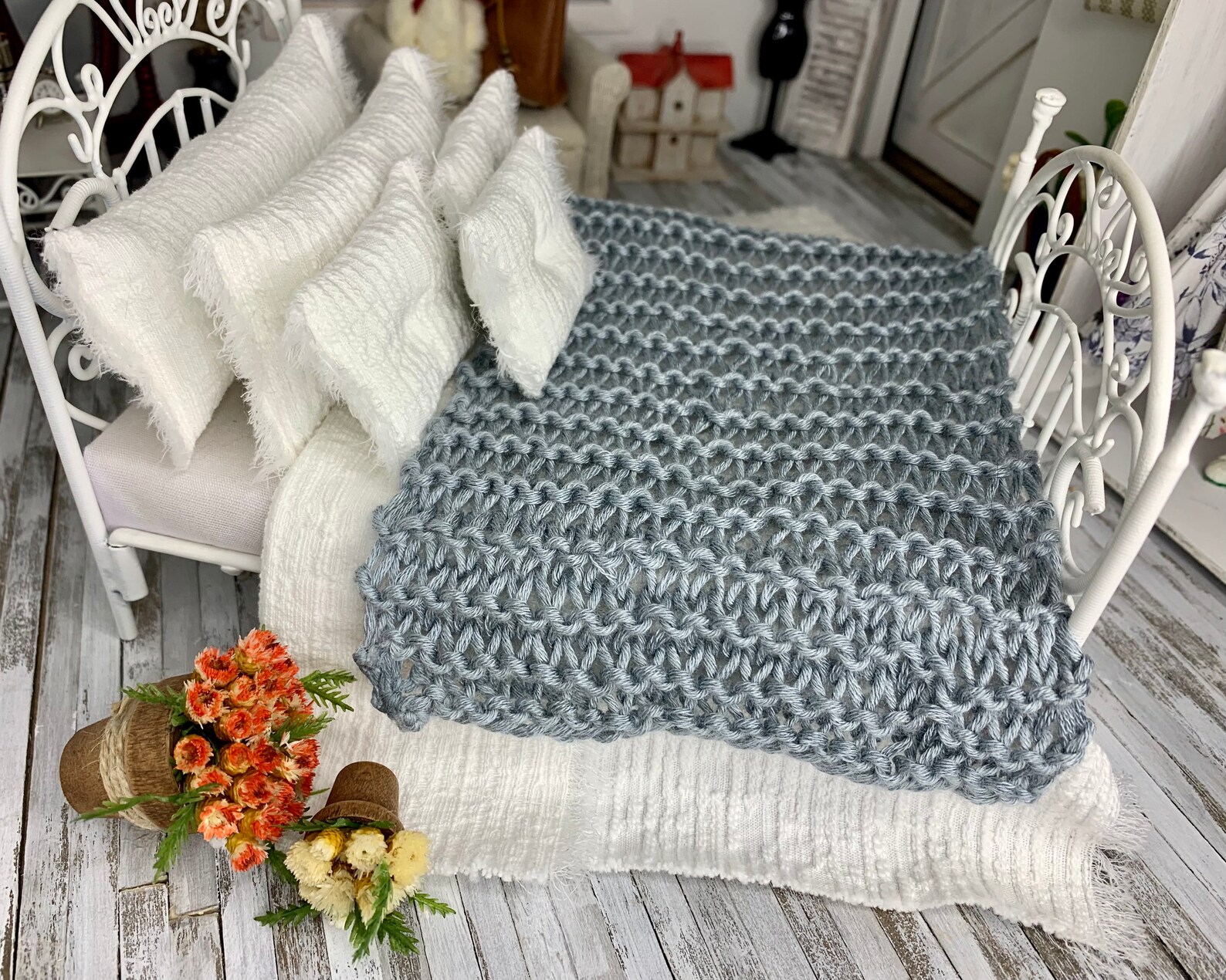 Miniature Dollhouse Knit Blanket, SKY, Miniature Bed Runner, Mini Knit ...