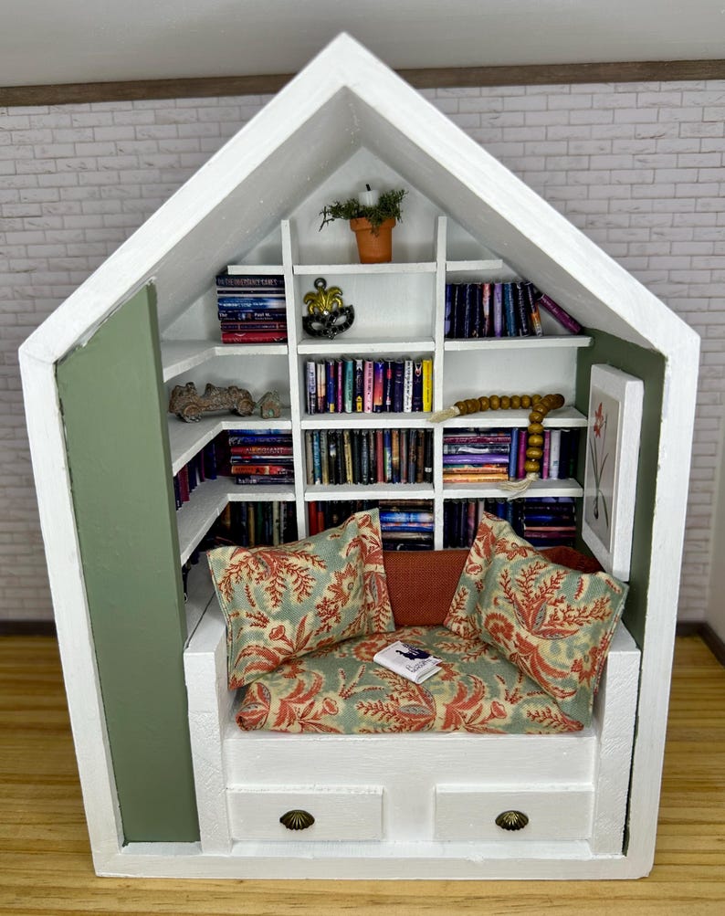 Miniature House Shaped Book Nook, Moss and Coral Color Themed ...