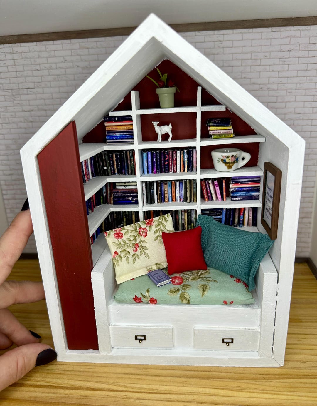 Miniature House Shaped Book Nook, Red and Teal Color Themed, Miniature ...