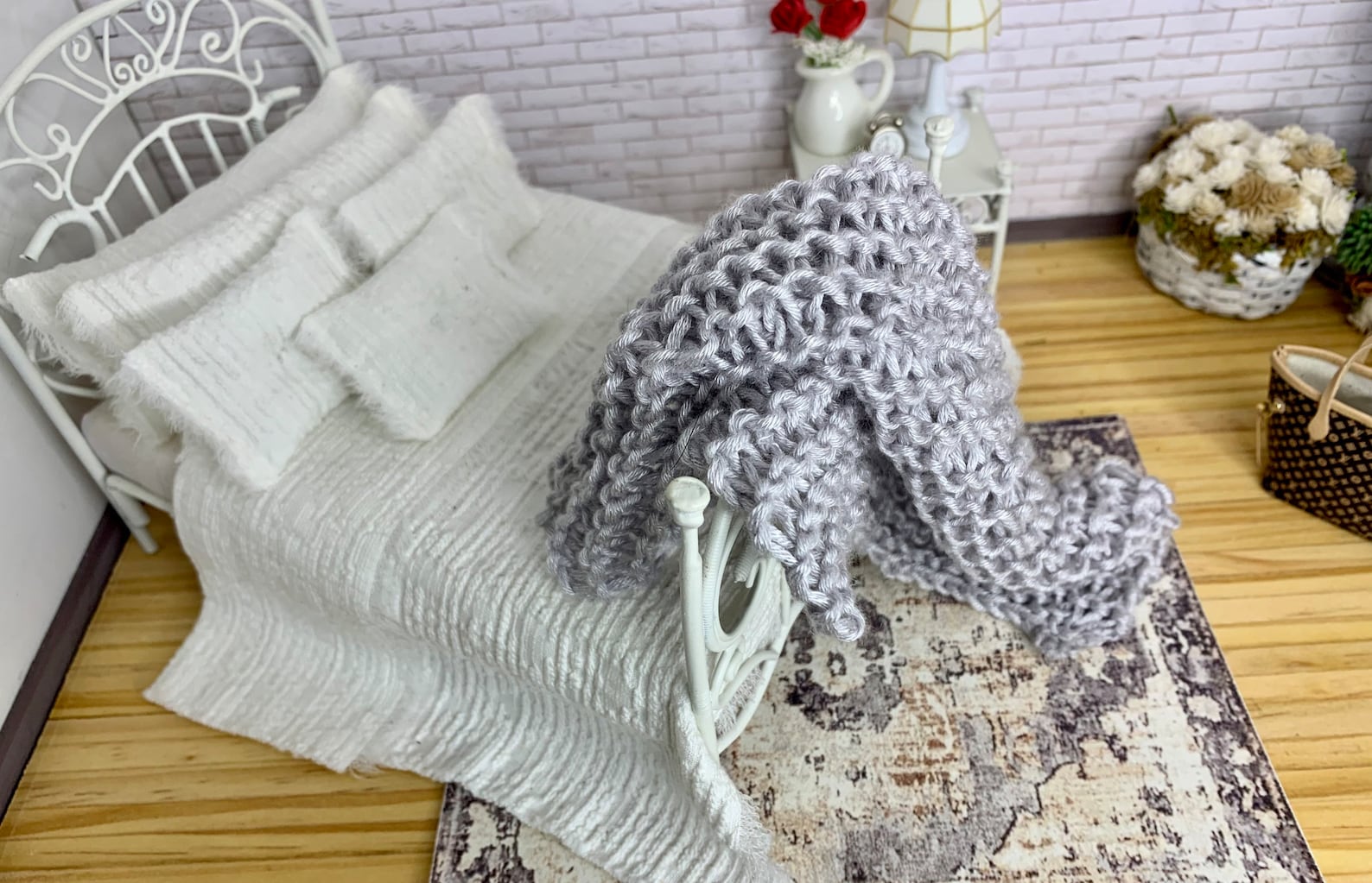 Miniature Dollhouse Hand Knitted Blanket, Silver or Really Light Gray ...