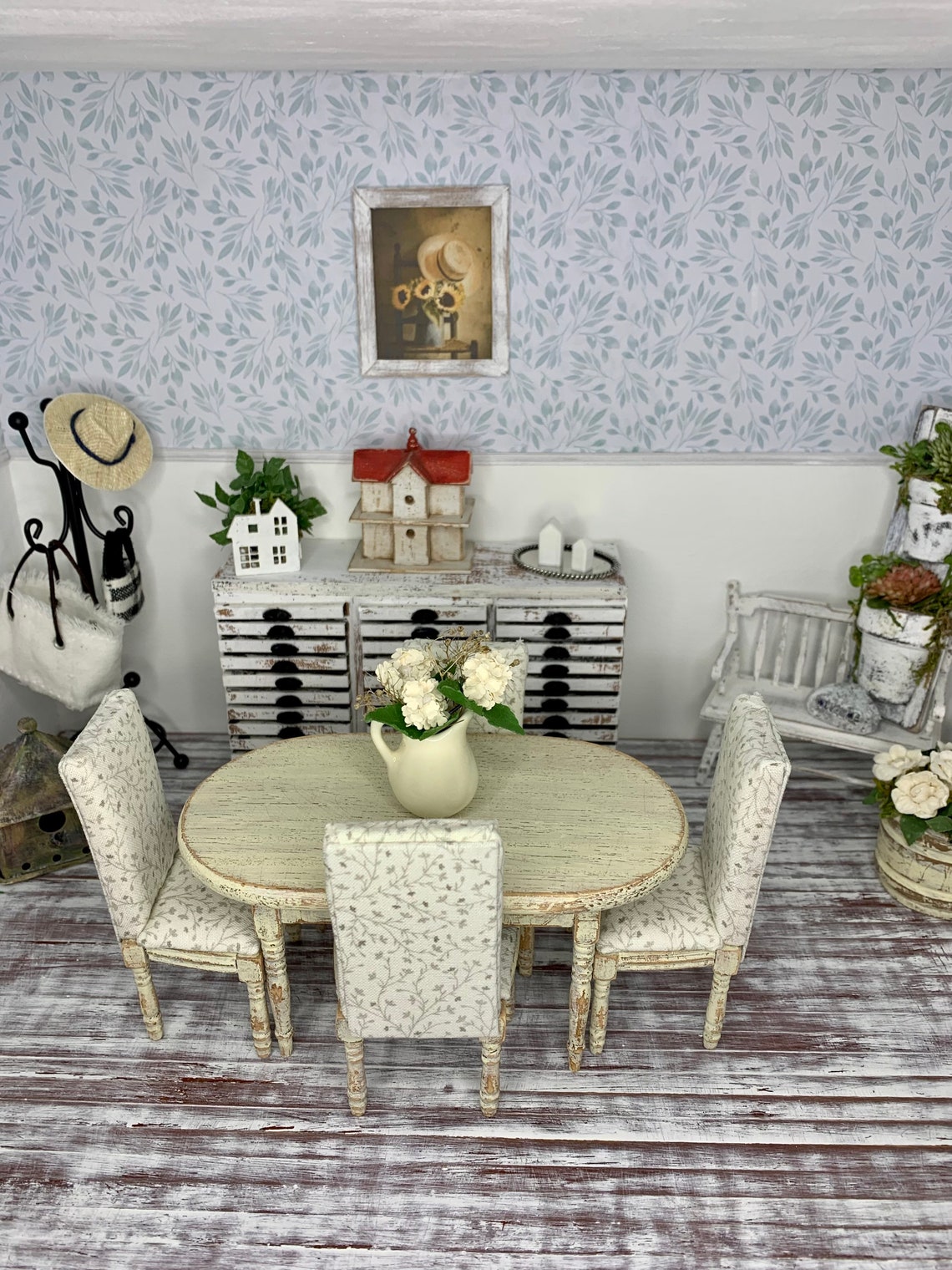 Miniature Dollhouse Dining Room Table Set Aged Ivory and Gray - Etsy