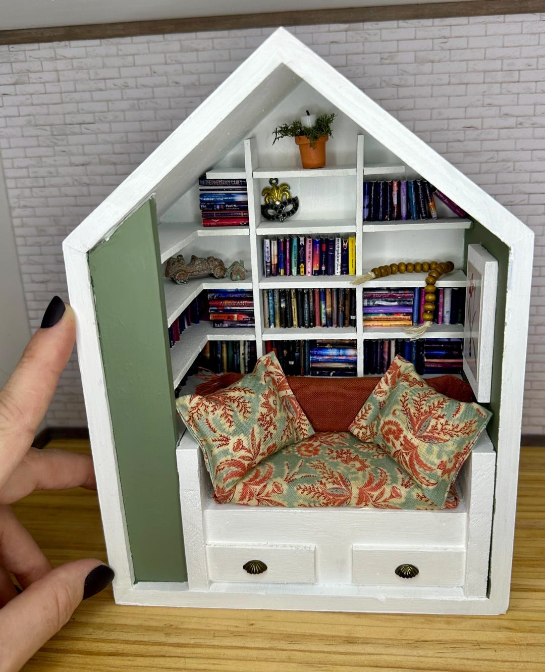 Miniature House Shaped Book Nook, Moss and Coral Color Themed ...