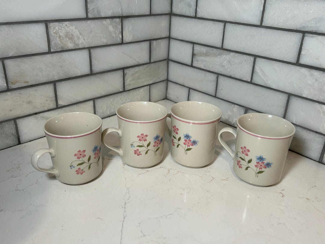 China Pearl 1988 Stoneware Floral Ceramic Mugs With Pink and Blue ...