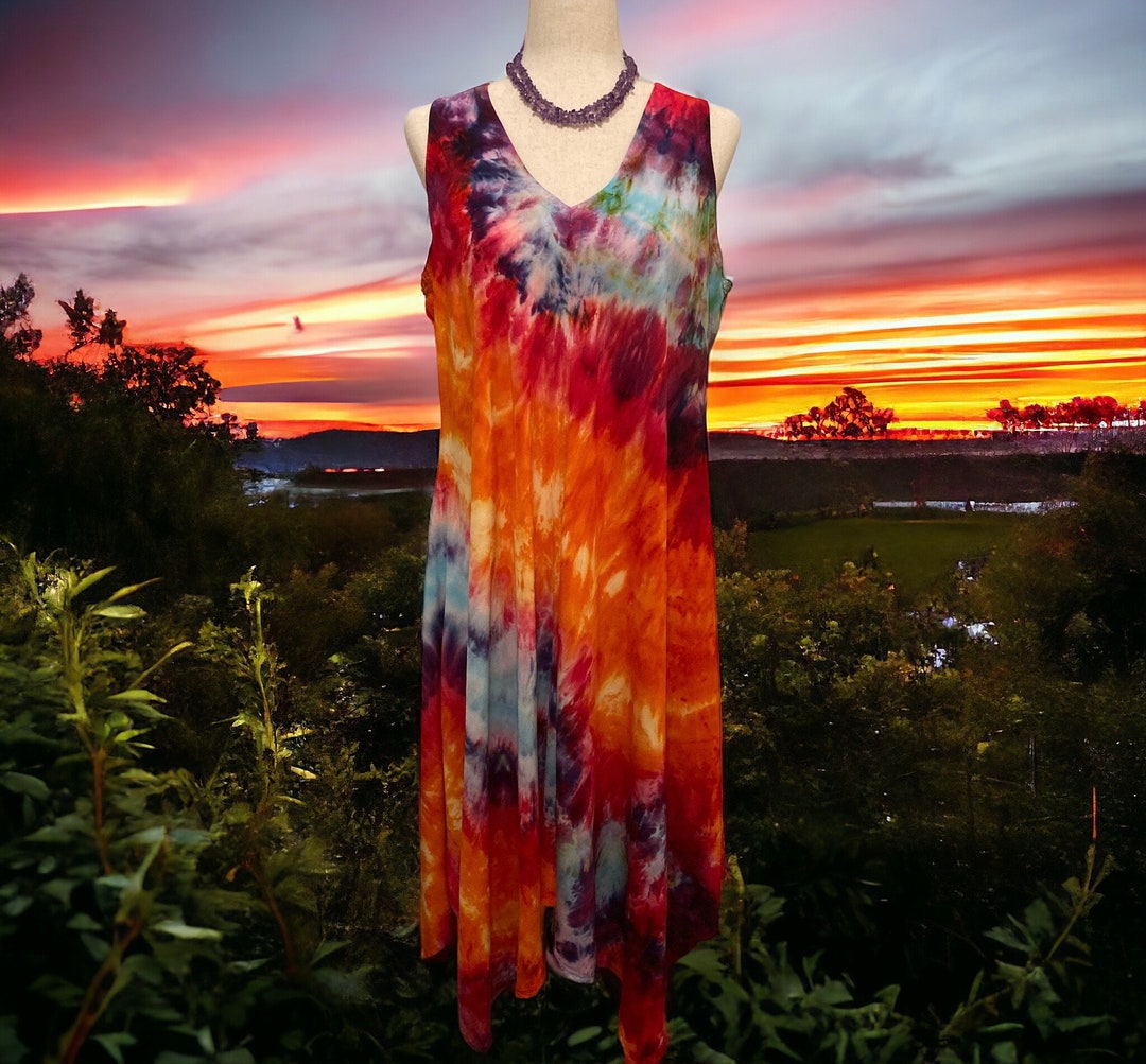 Large Ice Dye Ladies V-neck Midi Dress, Tie Dye Slip Dress, Boho Summer ...