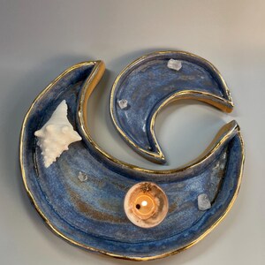 Handmade Ceramic Small Blue and Gold Crescent Moon Dish - Etsy