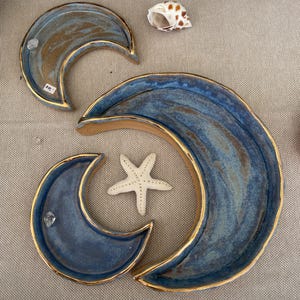 Handmade Ceramic Small Blue and Gold Crescent Moon Dish - Etsy