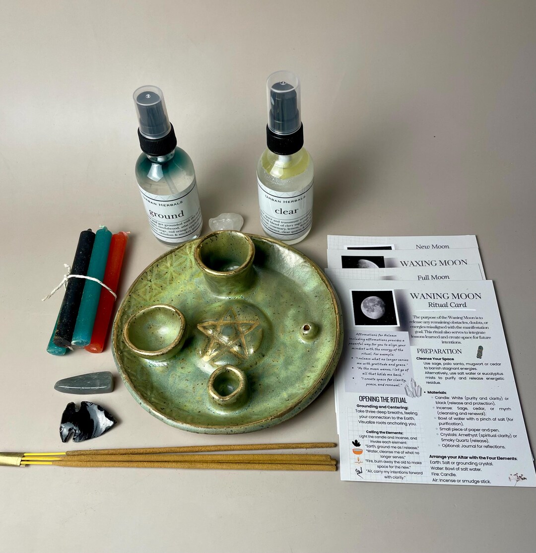 Four Elements Ritual Box Withgreen and Gold Pentacle Dish and Energetic ...