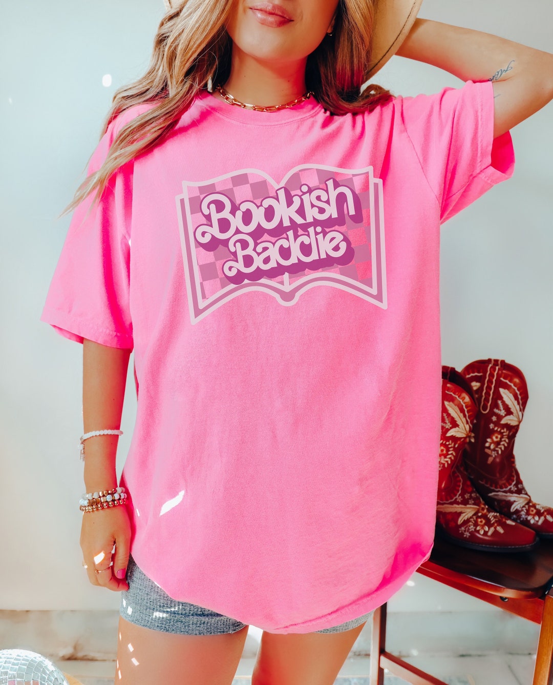 Bookish Baddie Shirt Comfort Colors Bookish Shirt Pink Checkers Retro ...