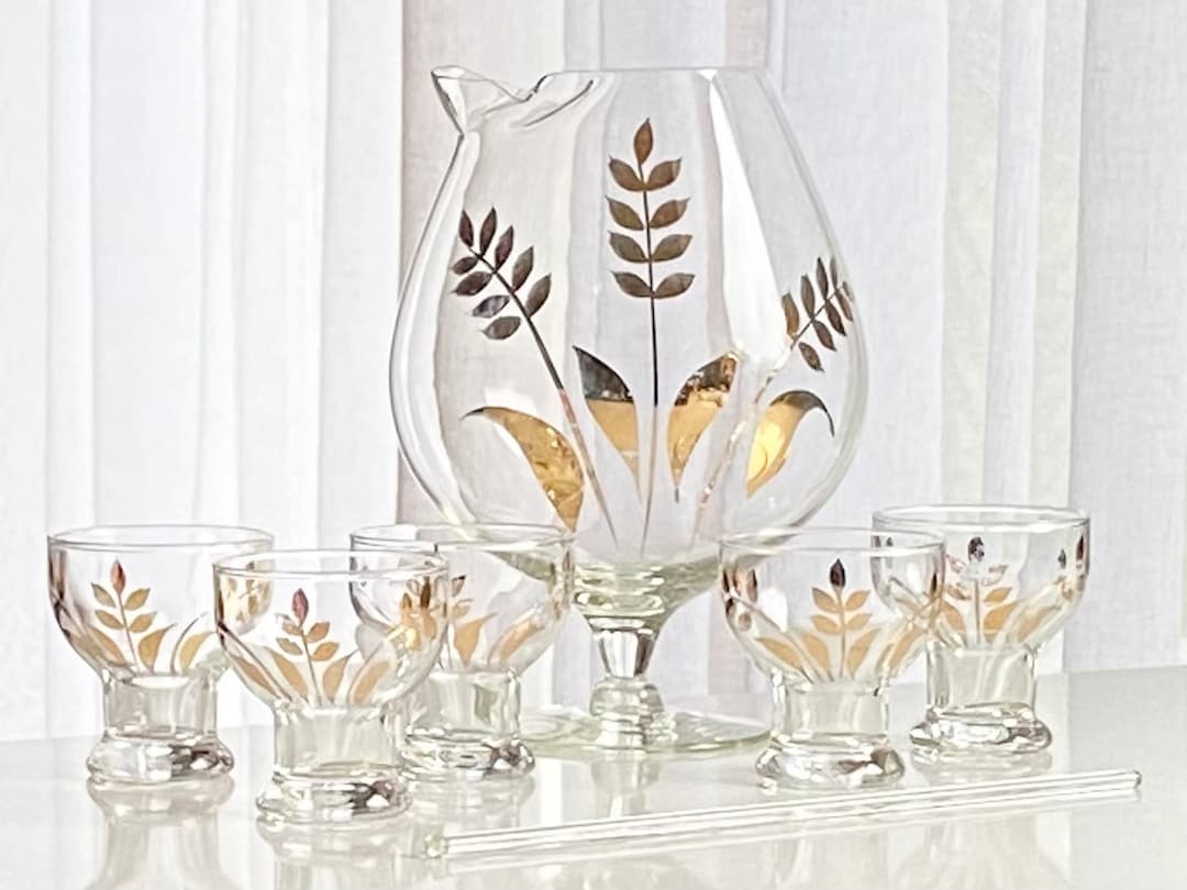 Vintage Cera Glass Gold Wheat Leaf Pitcher and Five (5) Glasses - Etsy