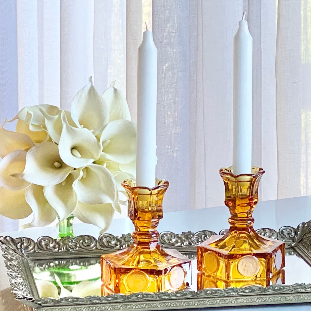 Vintage Fostoria Coin Glass Amber Candlestick Holders (circa 1958 ...