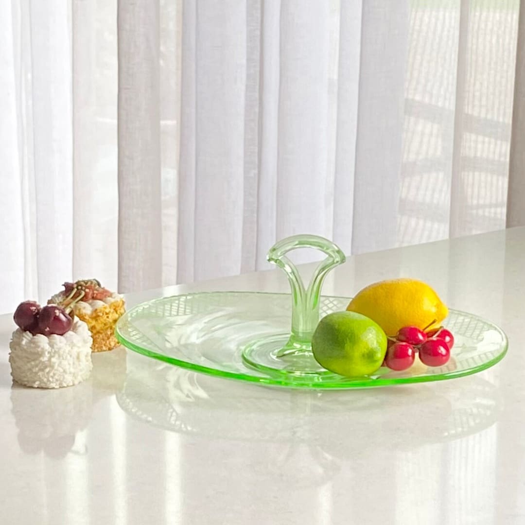 Vintage Green Uranium Glass Etched Tidbit Tray With Center Handle - Etsy