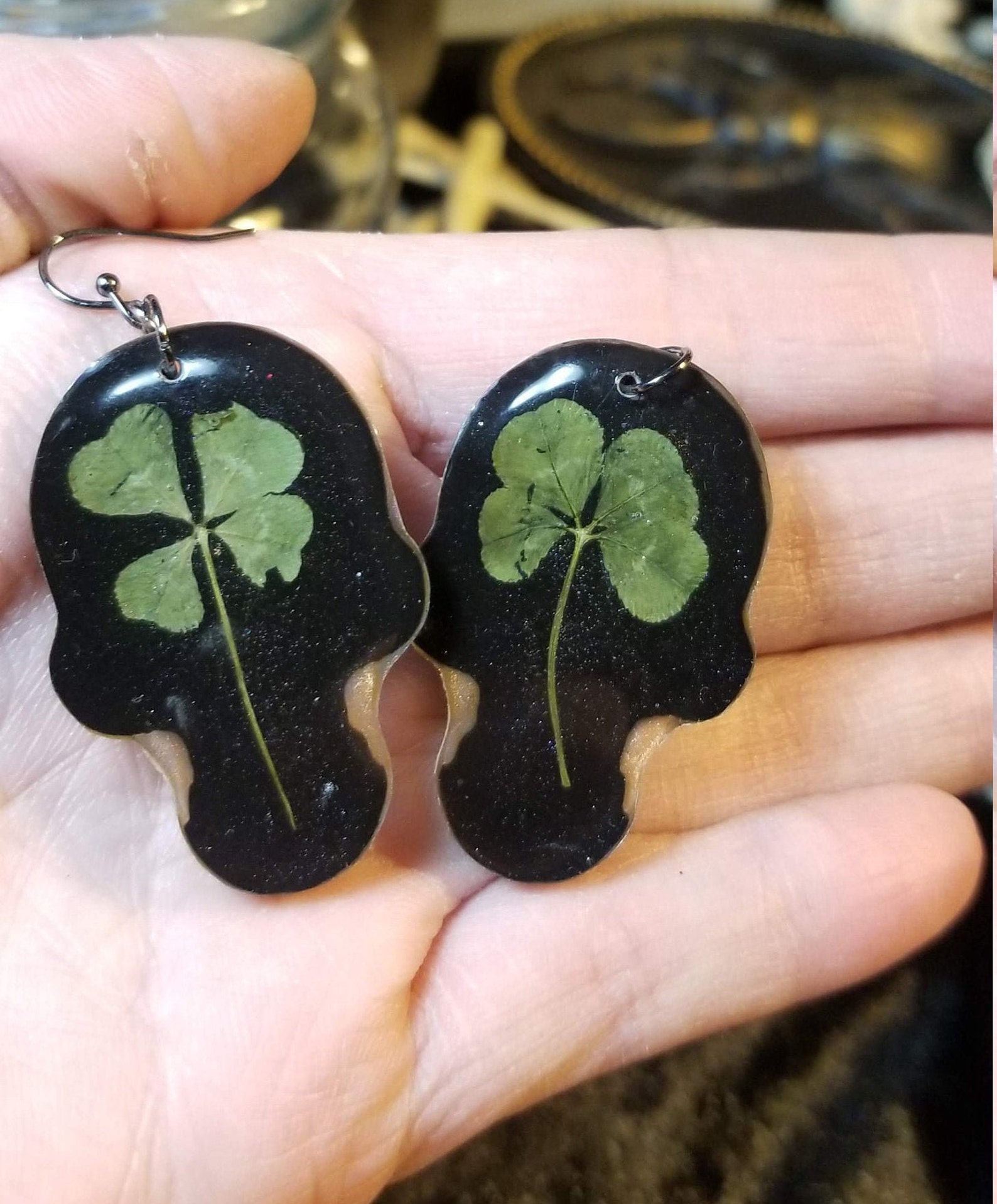 Real Four Leaf Clover Skull Earrings. 2 1/8 dangly | Etsy