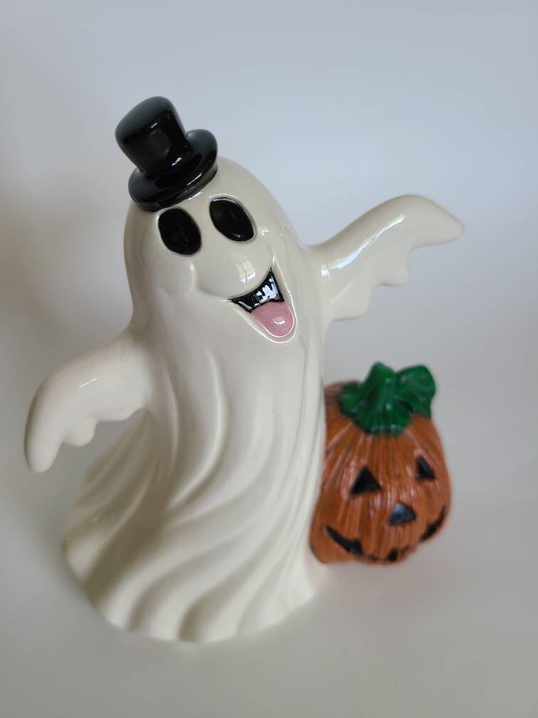 Vintage Halloween Silly Ghost With Pumpkin Cute Ghotsy Making Face ...