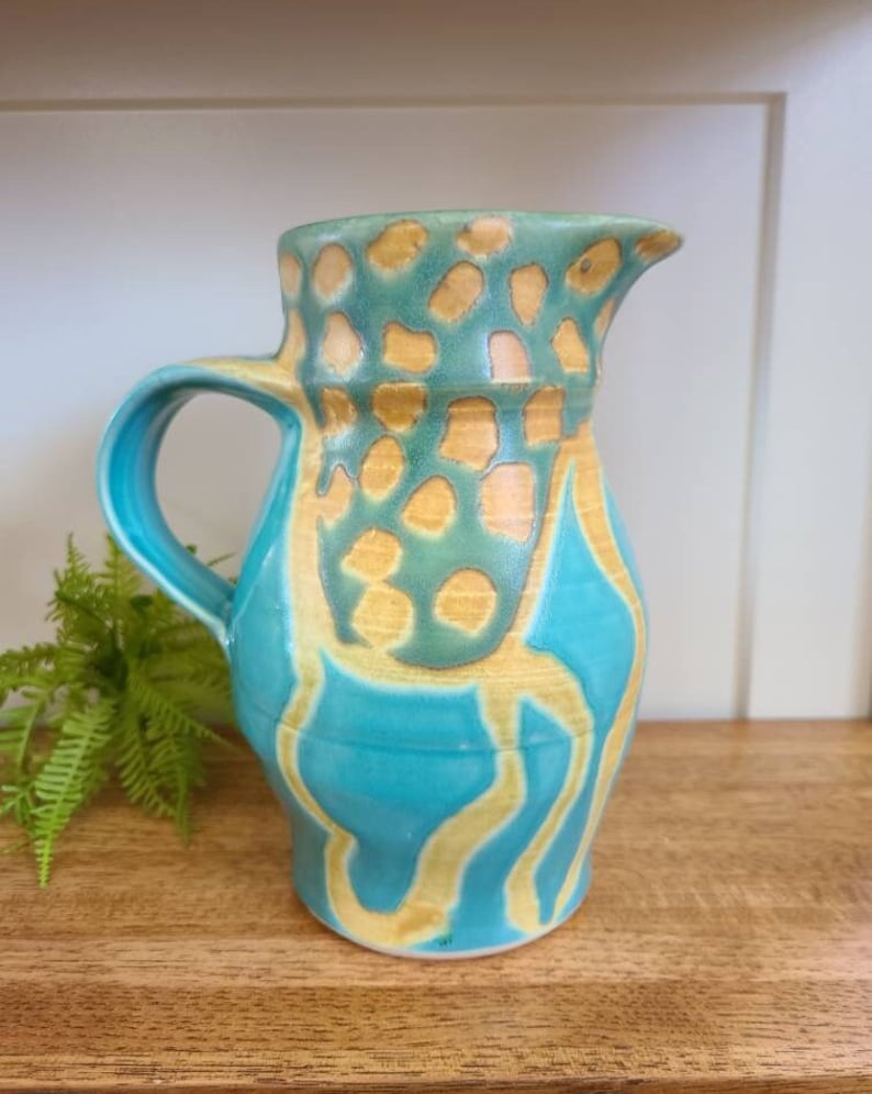 Pottery Pitcher Glazed Teal Blue Green Yellow Tan Beautiful Texture ...