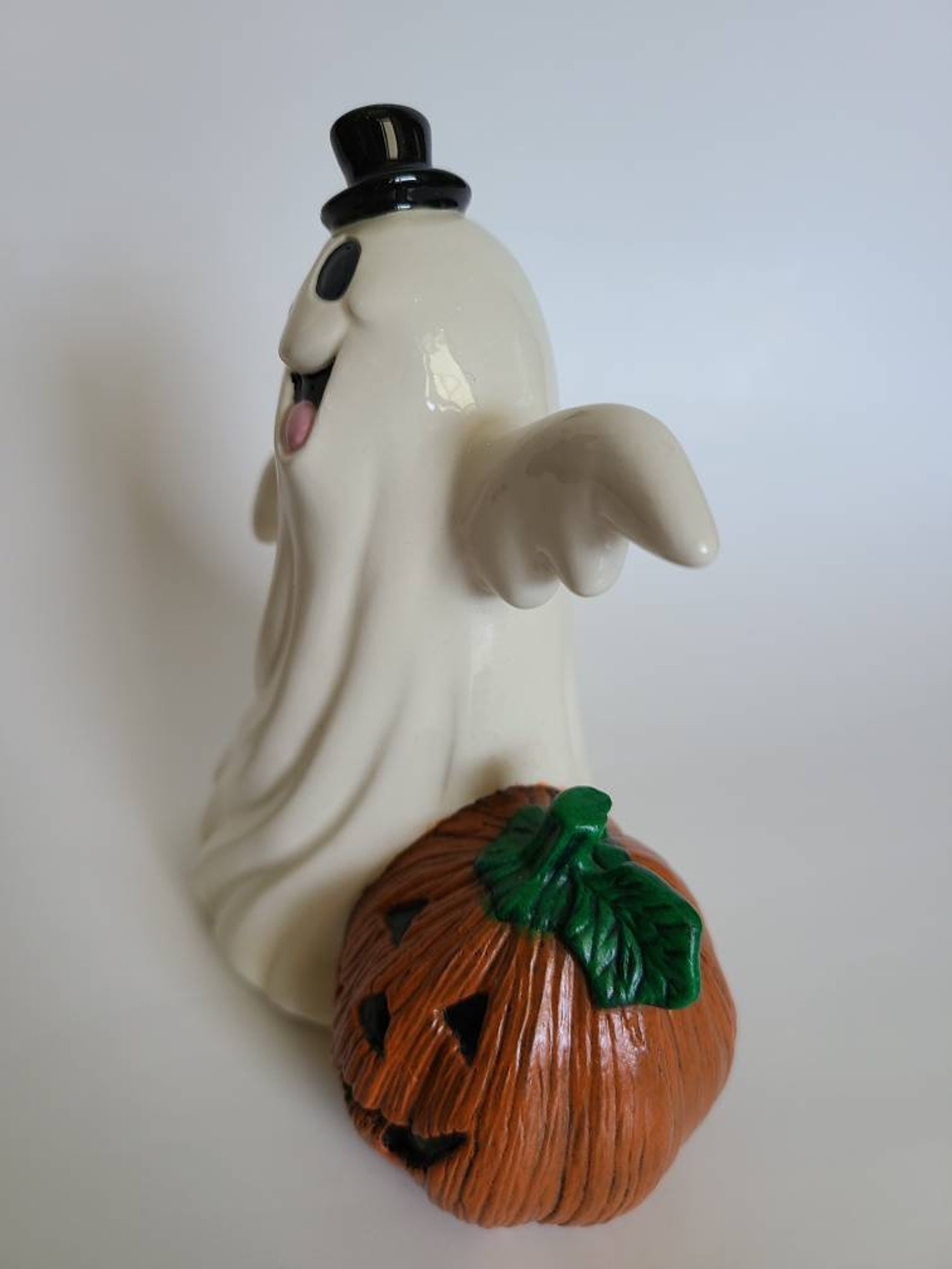 Vintage Halloween Silly Ghost With Pumpkin Cute Ghotsy Making Face ...