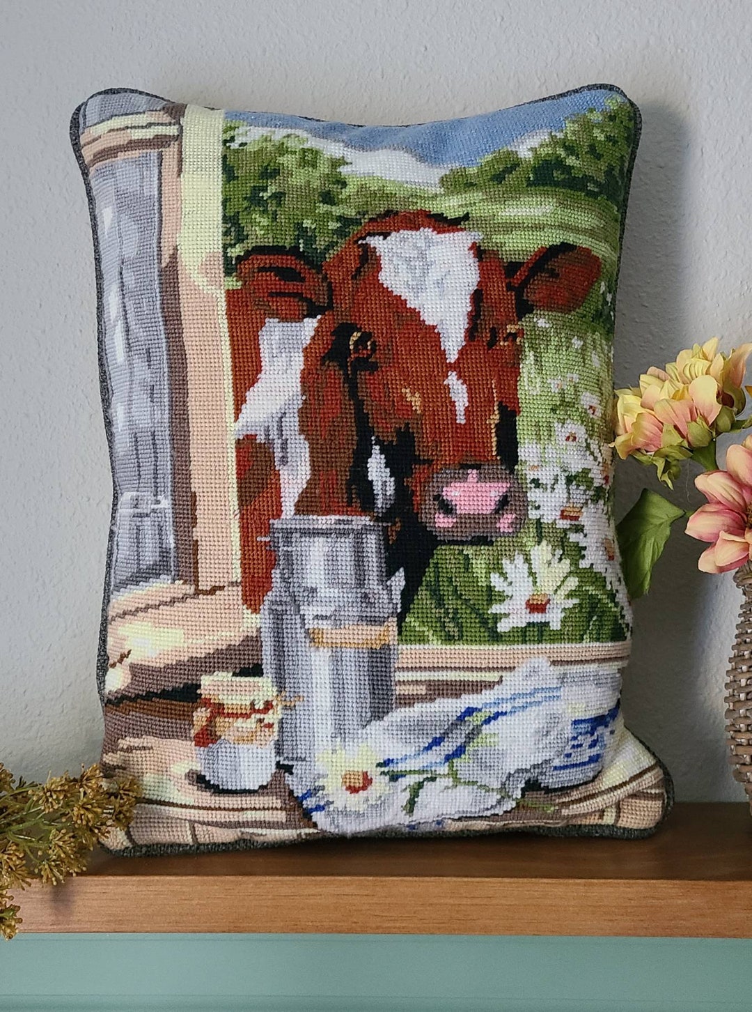 Needlepoint Pillow Brown Cow Vintage Farm Farmhouse Decor Jersey Milkcan Daisies Handmade Art ...