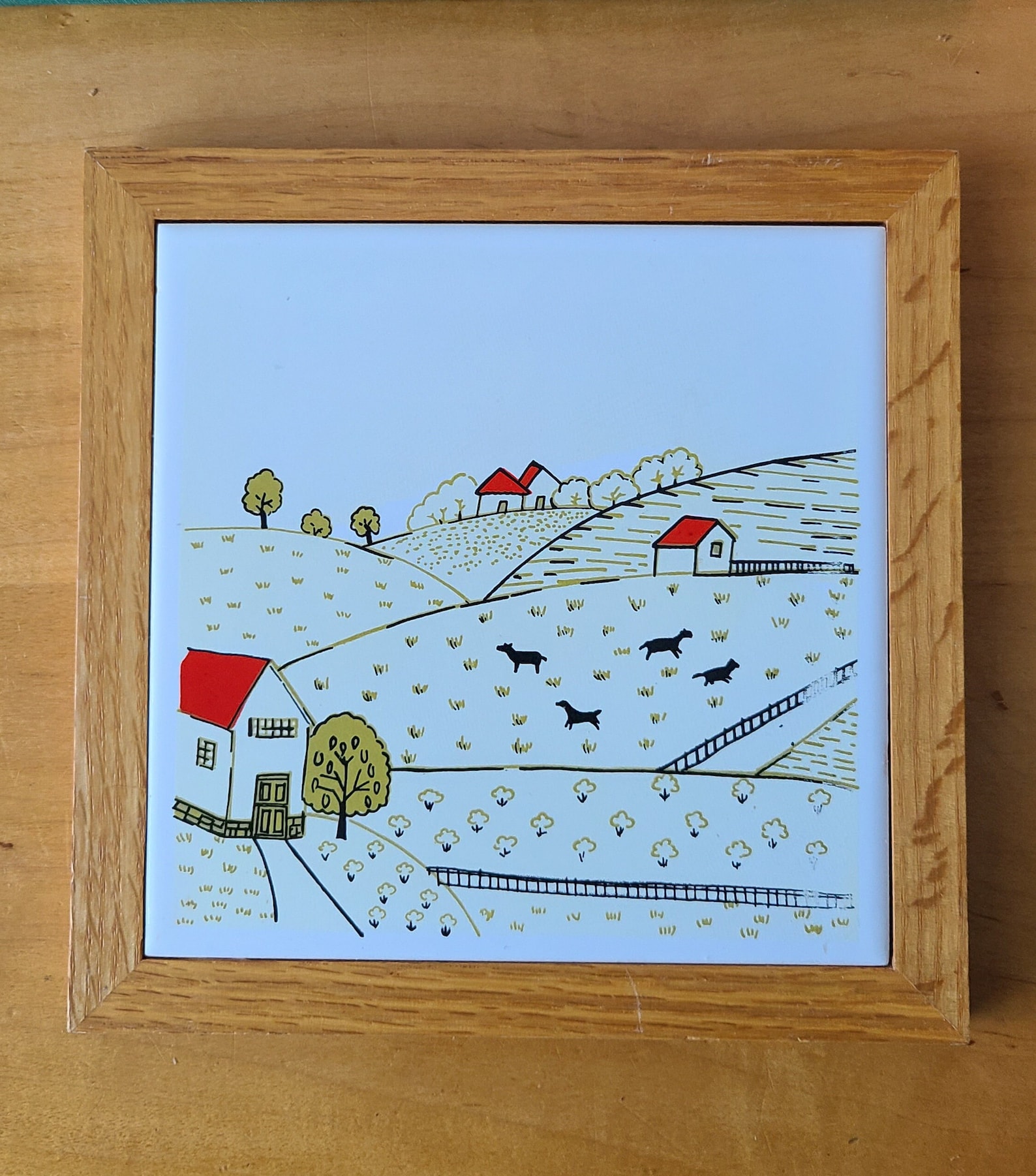 Vintage Farmhouse Trivet Tile Countryside Hillside Horses Farm Animals ...