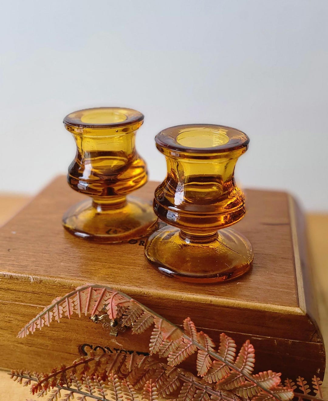 Vintage Amber Glass Candlestick Holders Set of 2 Merigold Yellow Simple ...