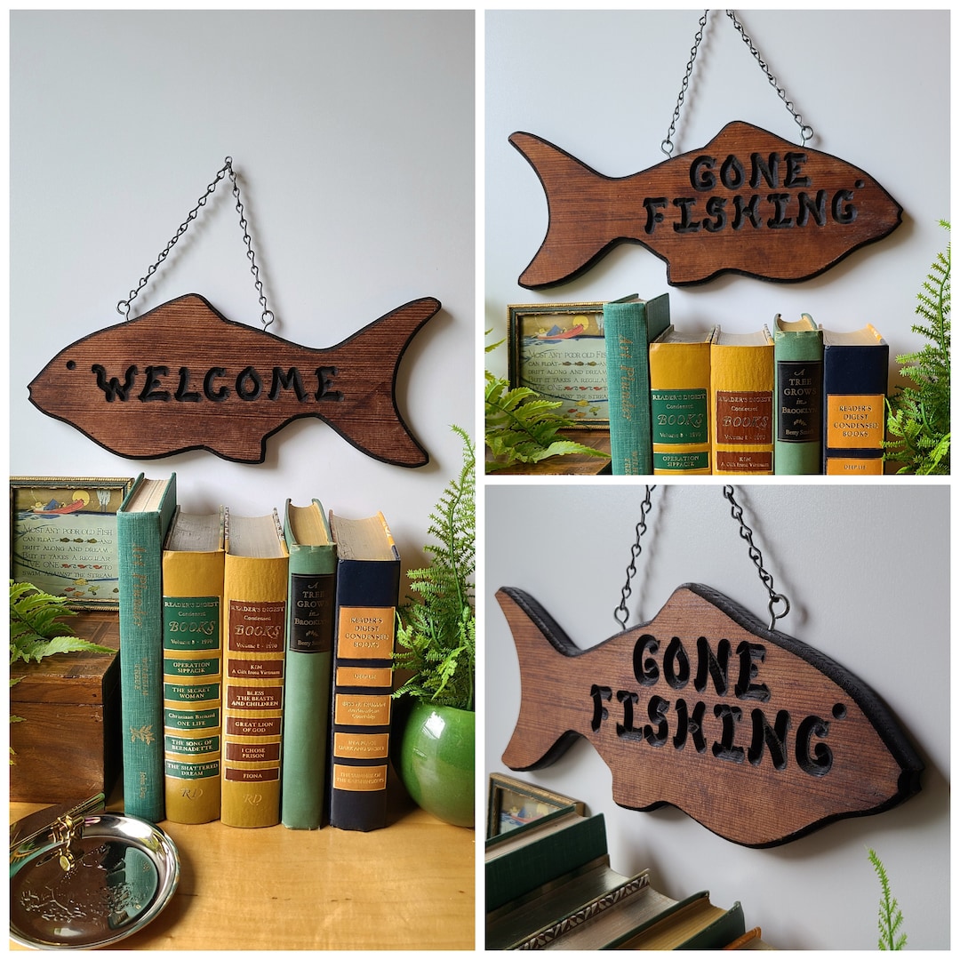 Gone Fishing Welcome Sign Vintage Wooden Sign Cabin Fishing Boat Ice ...